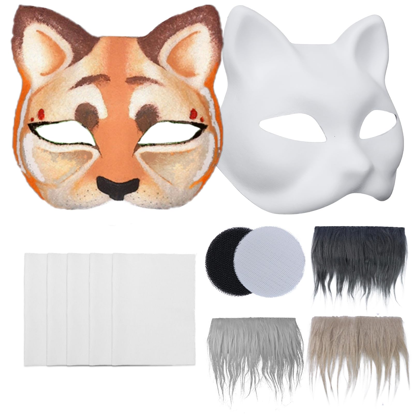 Cat Mask Therian DIY Kit - 5PCS White Cat Mask to Paint, with Faux Fur ...