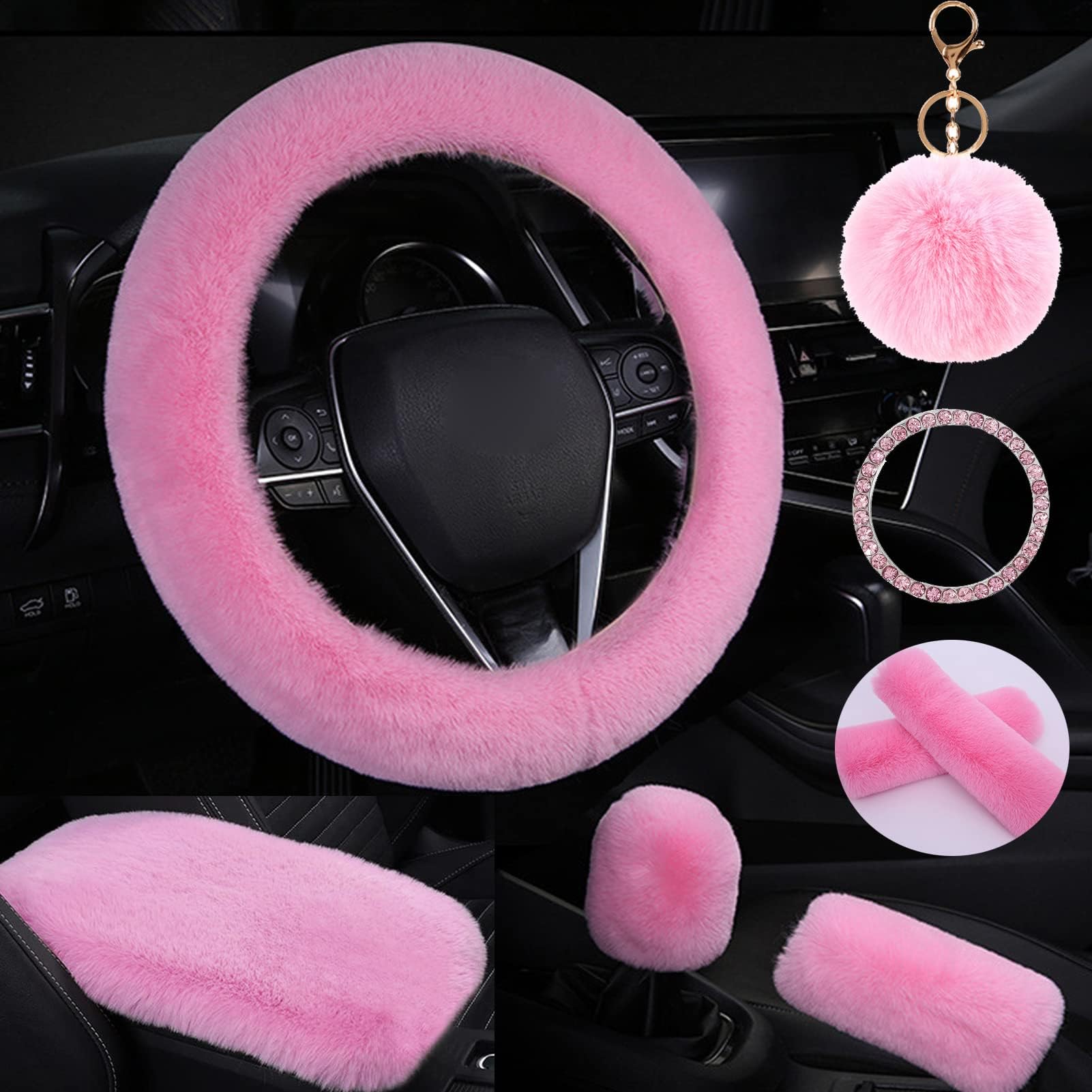 Amazon.com: STEVE YIWU Cute Fluffy Steering Wheel Cover Set, Warm Soft ...