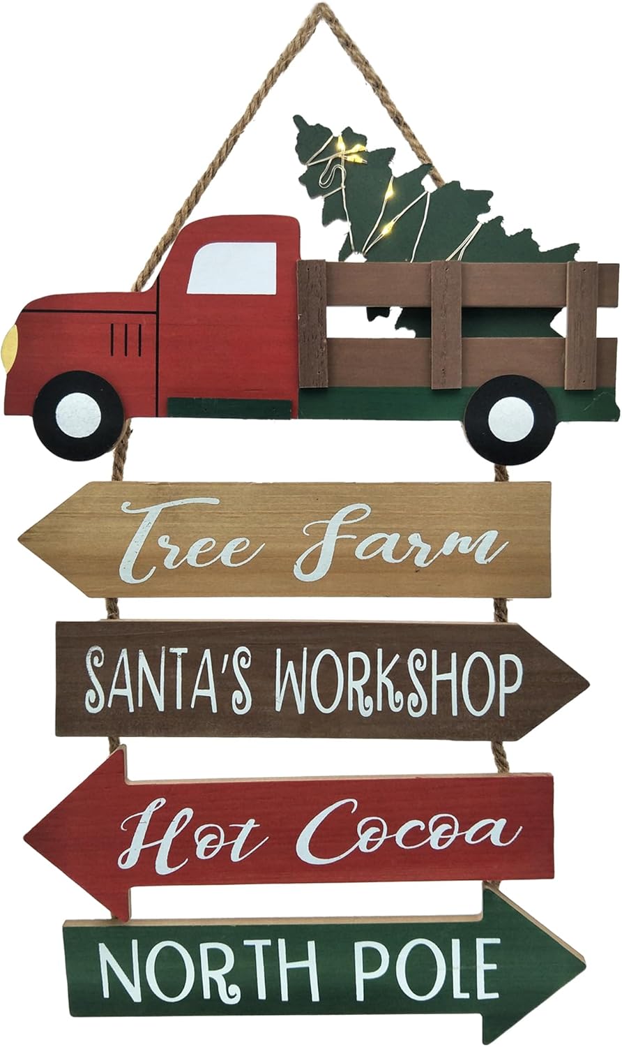 Amazon.com: LED Lighted Christmas Tree Red Truck Wall Sign - Wood ...