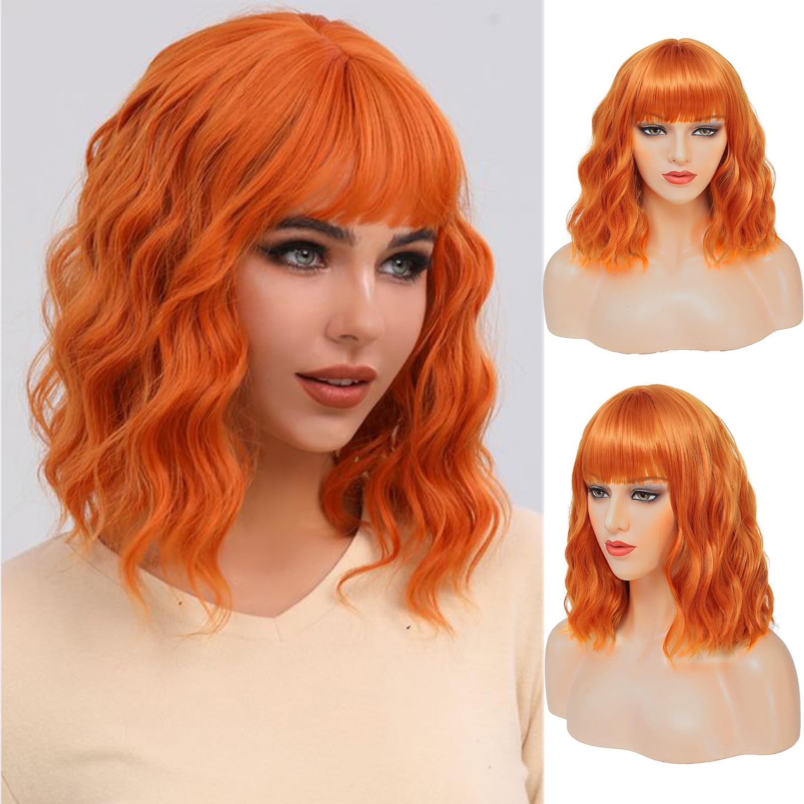 Amazon.com : Lotfon Wavy Curly Bob Wig with Bangs Short Bob Wigs for ...