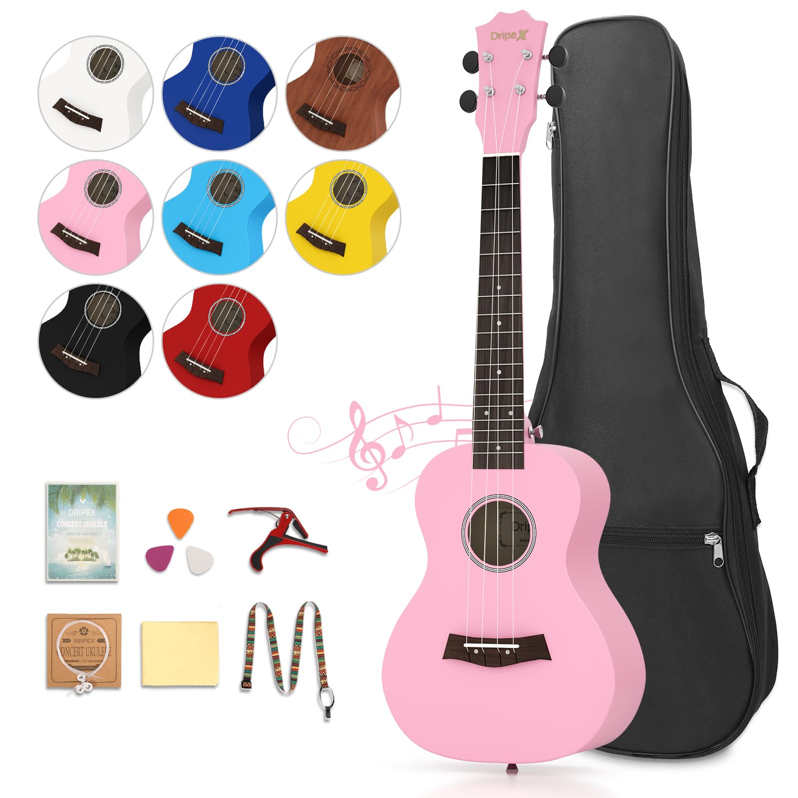 Dripex Pink Concert Ukulele 23 Inch Ukulele with Beginner Kit for ...