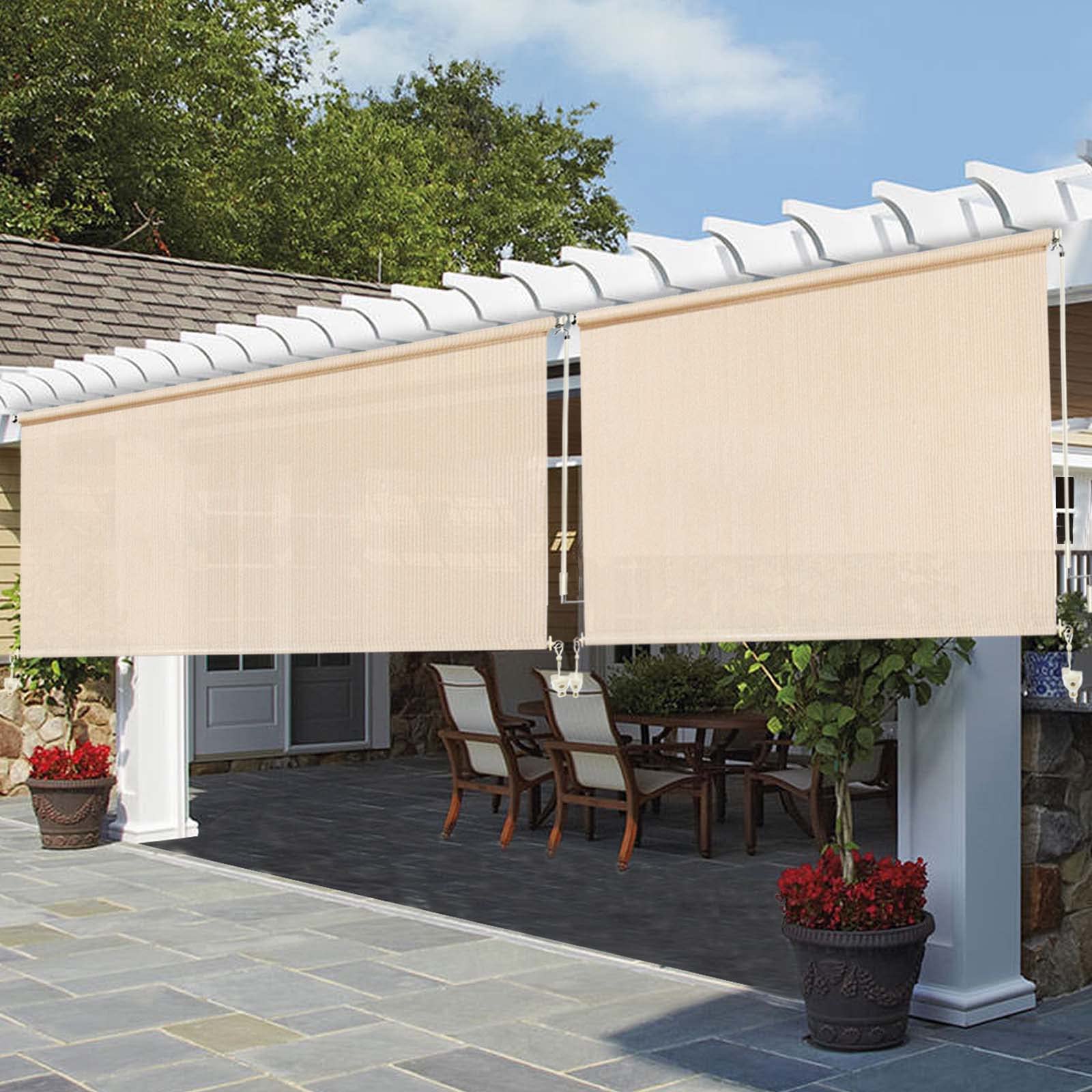 HENG FENG Outdoor Roller Shade 8'W x 6'H Cordless HDPE Exterior Roller ...