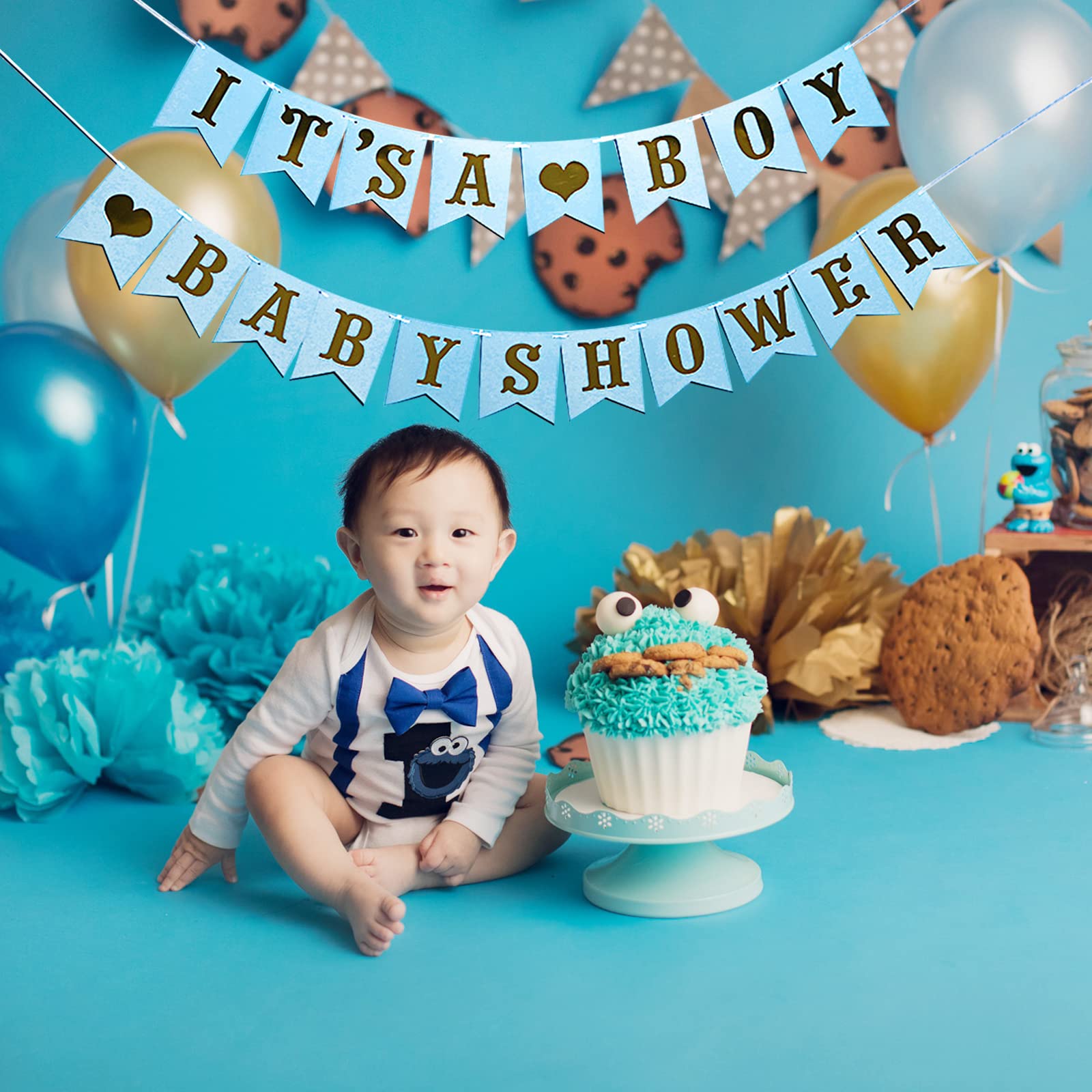 Birthday Banner Boy Banner & Triangle Flags - Blue Glitter Baby Shower ...