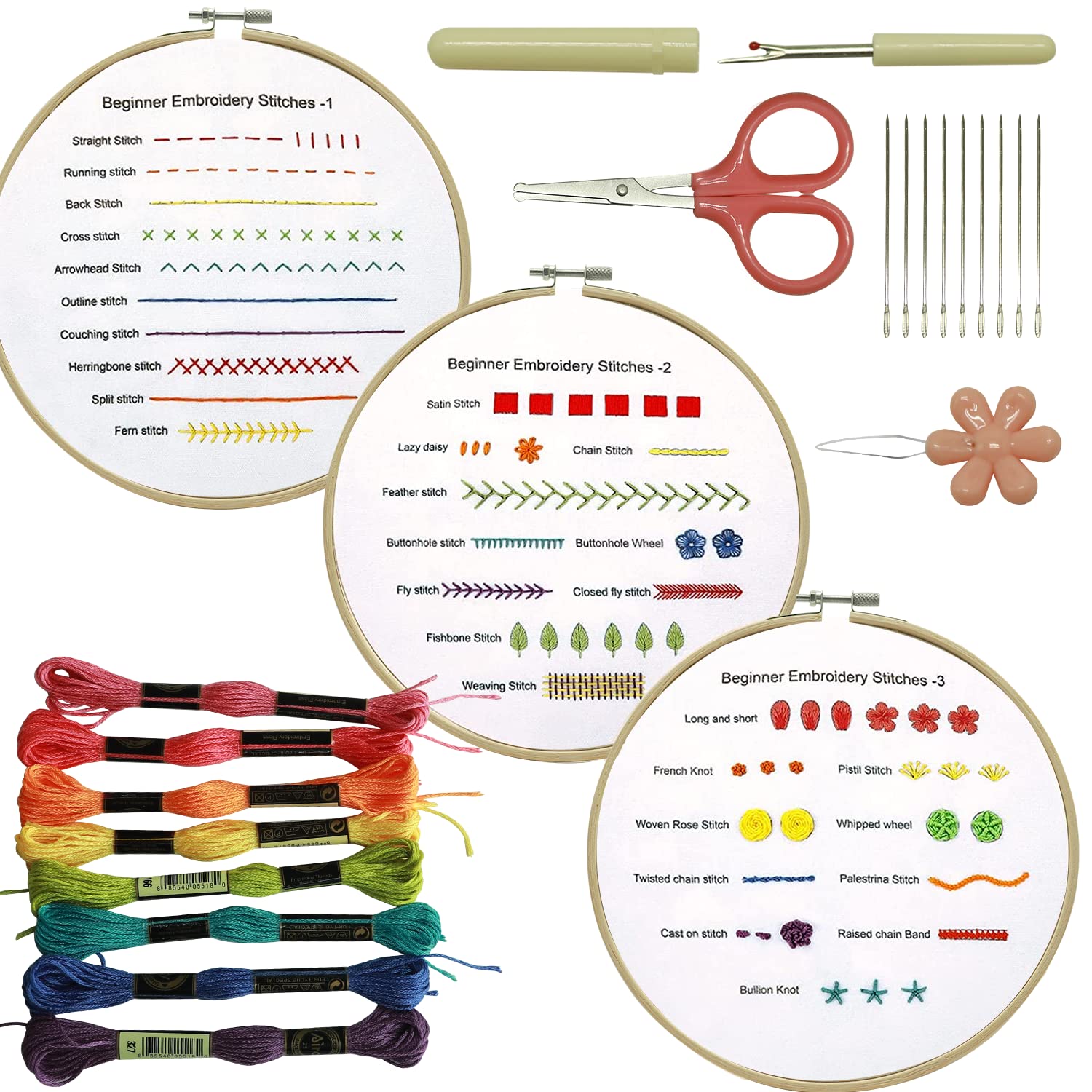 GOONAVI Beginner Embroidery Stitch Practice Kit, 3 Sets Embroidery Kit ...