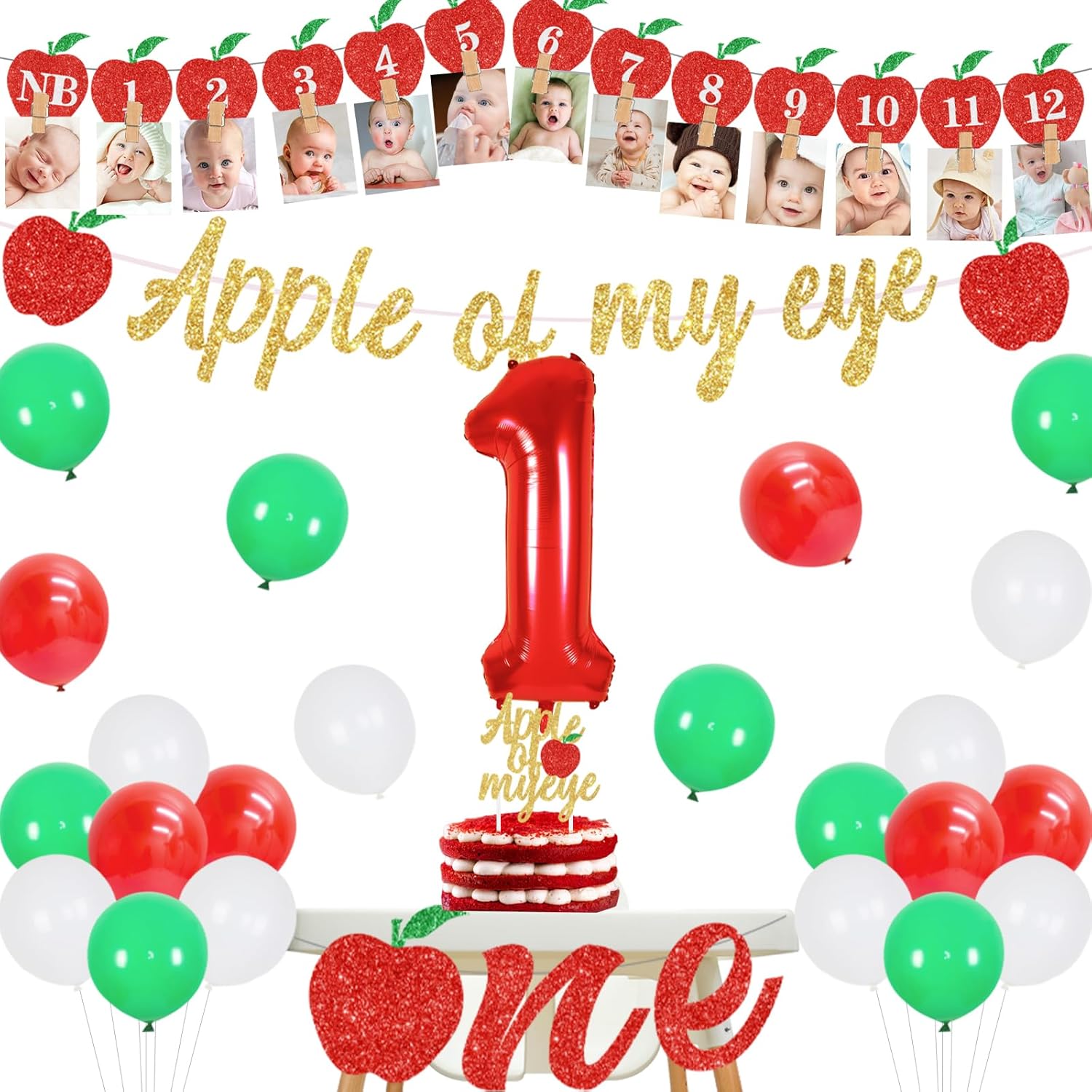 Apple First Birthday Decorations - Apple of My Eye Banner, Cake Topper ...