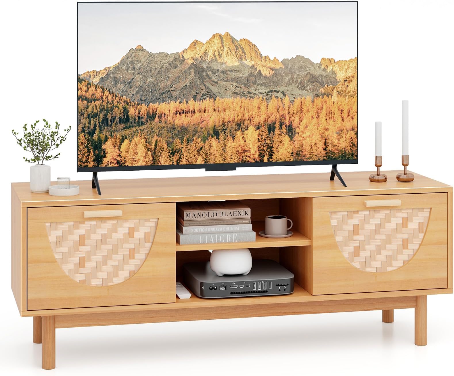 COSTWAY TV Stand for TVs up to 55 Inches, Wooden TV Cabinet Media ...