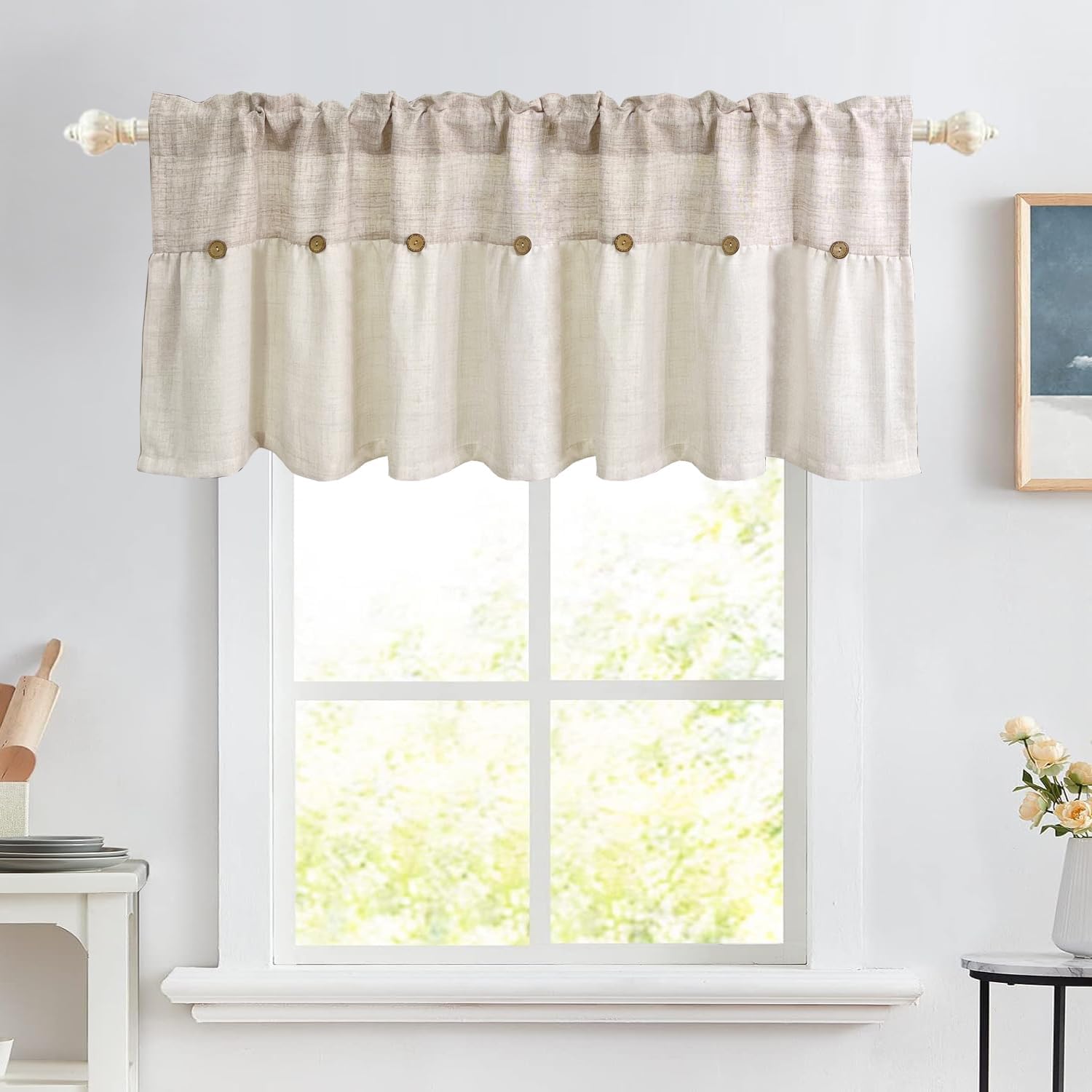 Amazon.com: Farmhouse Boho Linen Button Valance for Kitchen Window ...