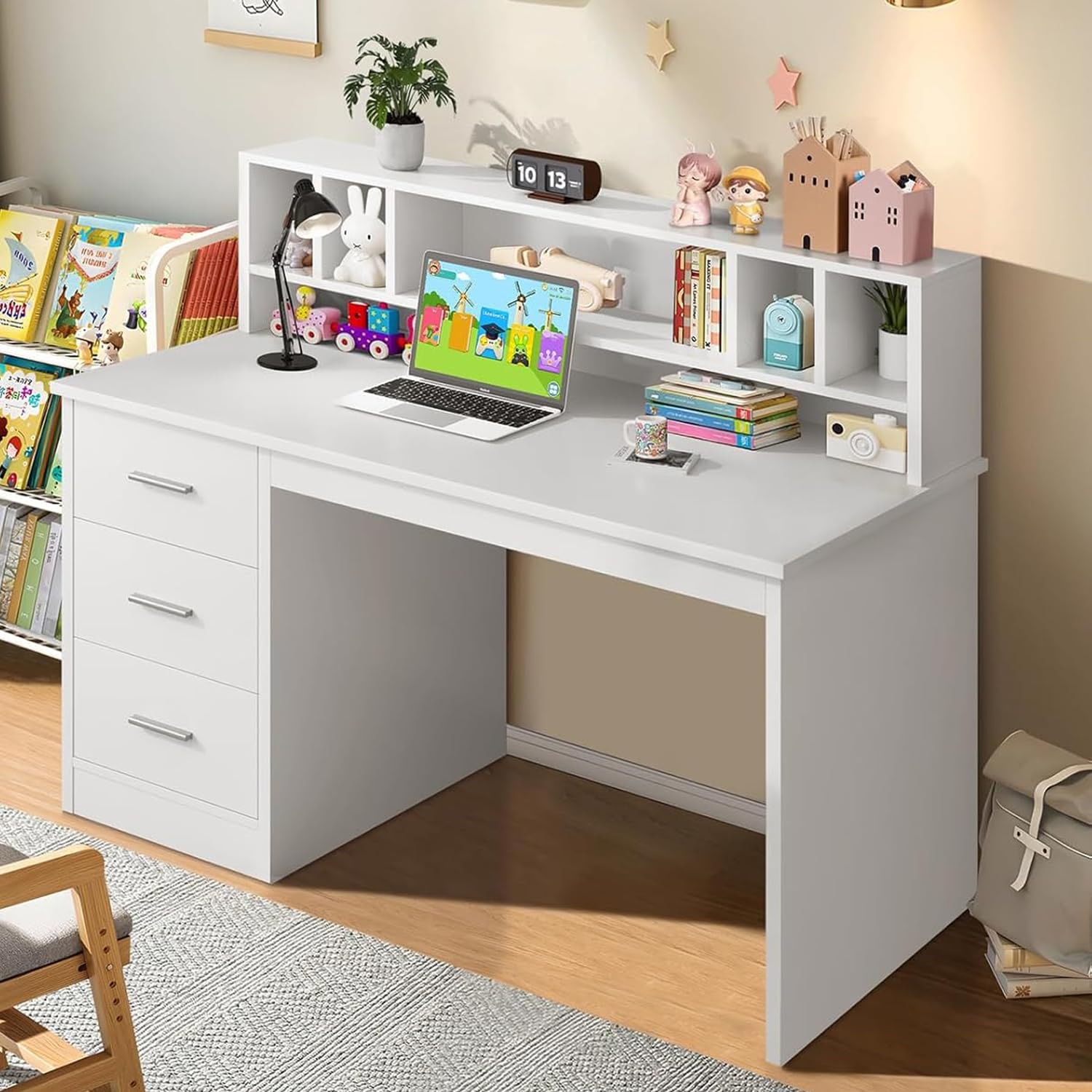 Amazon.com: White Boys and Girls Desk with 3 Drawers, Wooden Kids Study ...
