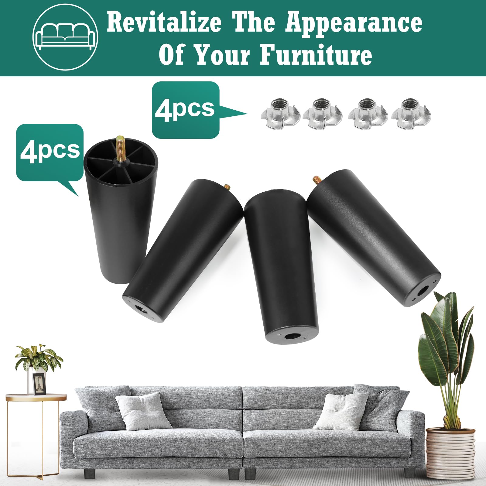 12 Inch Masendelk 3 Inch Plastic , Black Couch Legs Square Sofa Legs ...