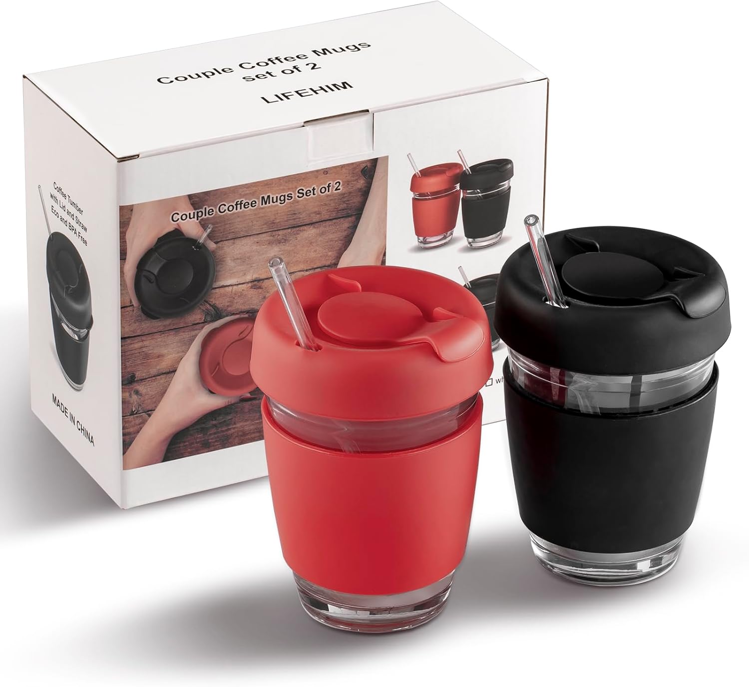 Amazon.com: LIFEHIM Glass to Go Coffee Cup, 2pcs Glass Travel Coffee ...