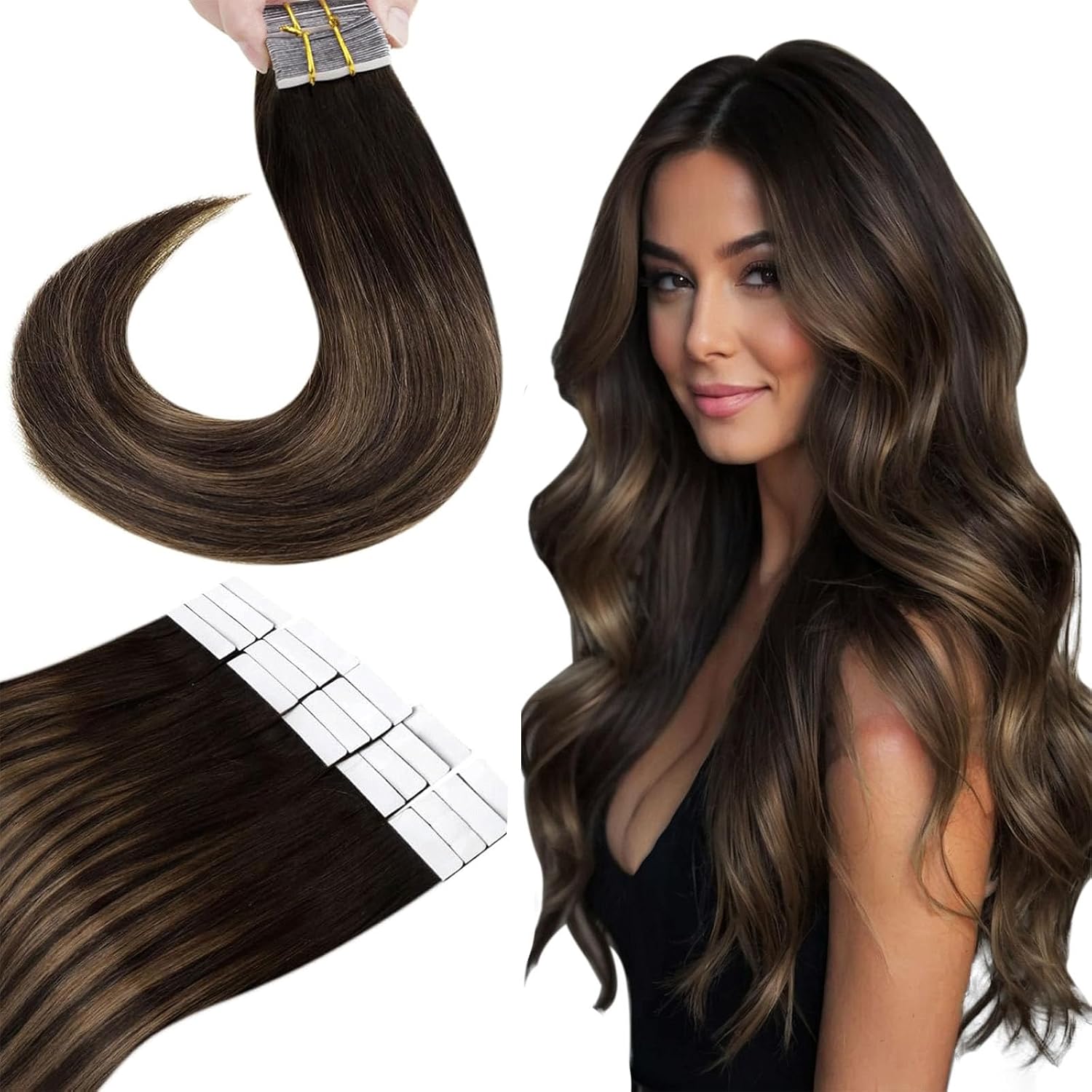 Amazon.com : Hetto Tape in Hair Extensions Human Hair Balayage Brown ...