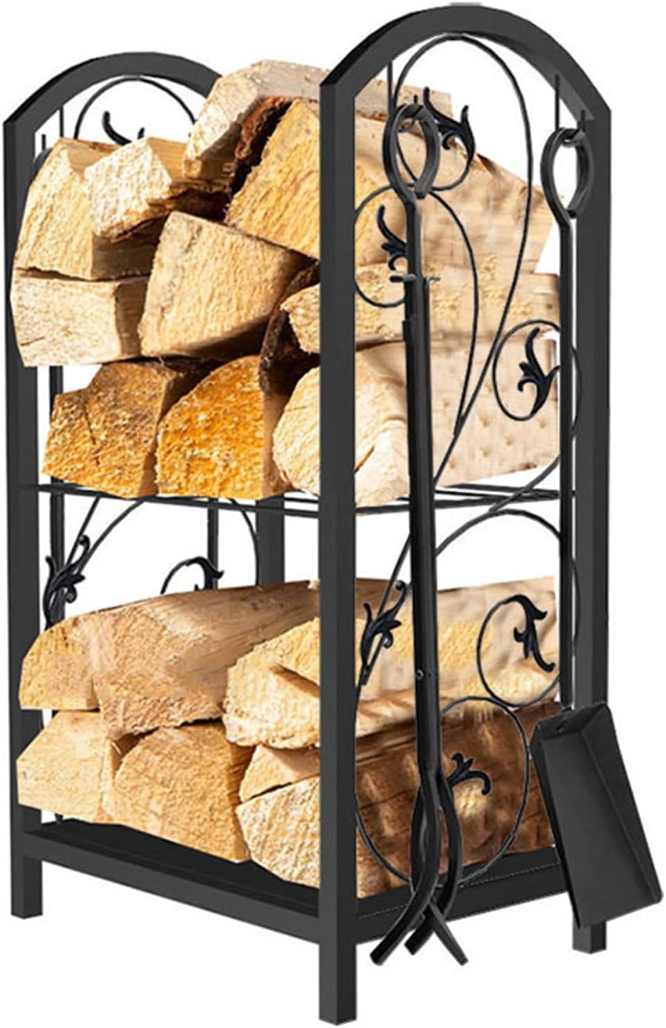 Steel Fire Wood Racks with 4 Hooks, Double Layer Log Stacker Stand for ...