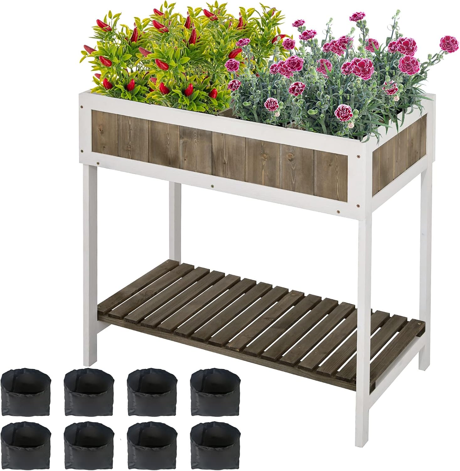 Hochbeet aus Holz mit 8 Ablage und 8 Pflanzfolie, Hochbeete Pflanzbeet ...
