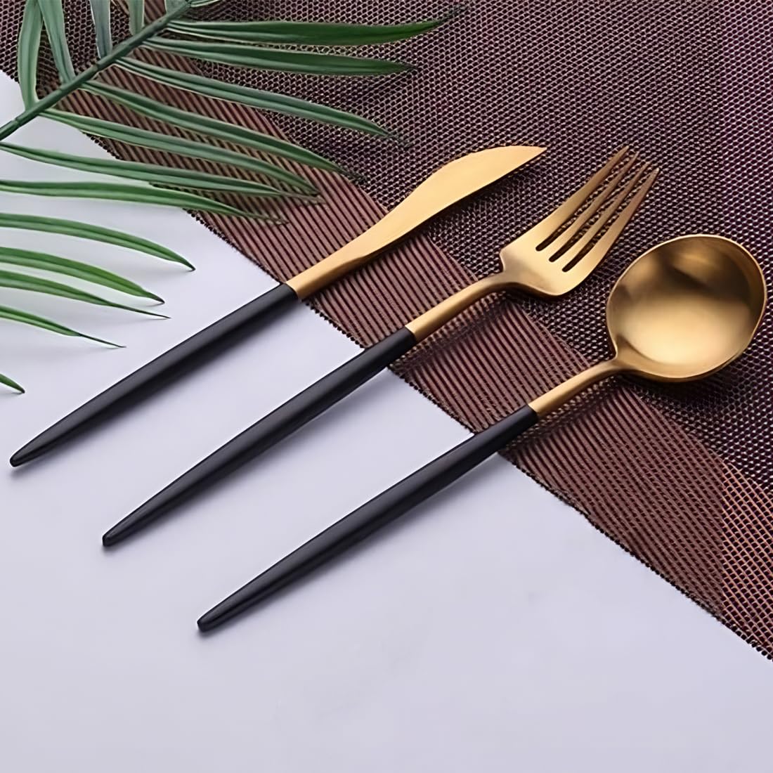 BonZeaL Mirror Finish 410 Stainless Steel 18 Pieces Black Gold Cutlery ...