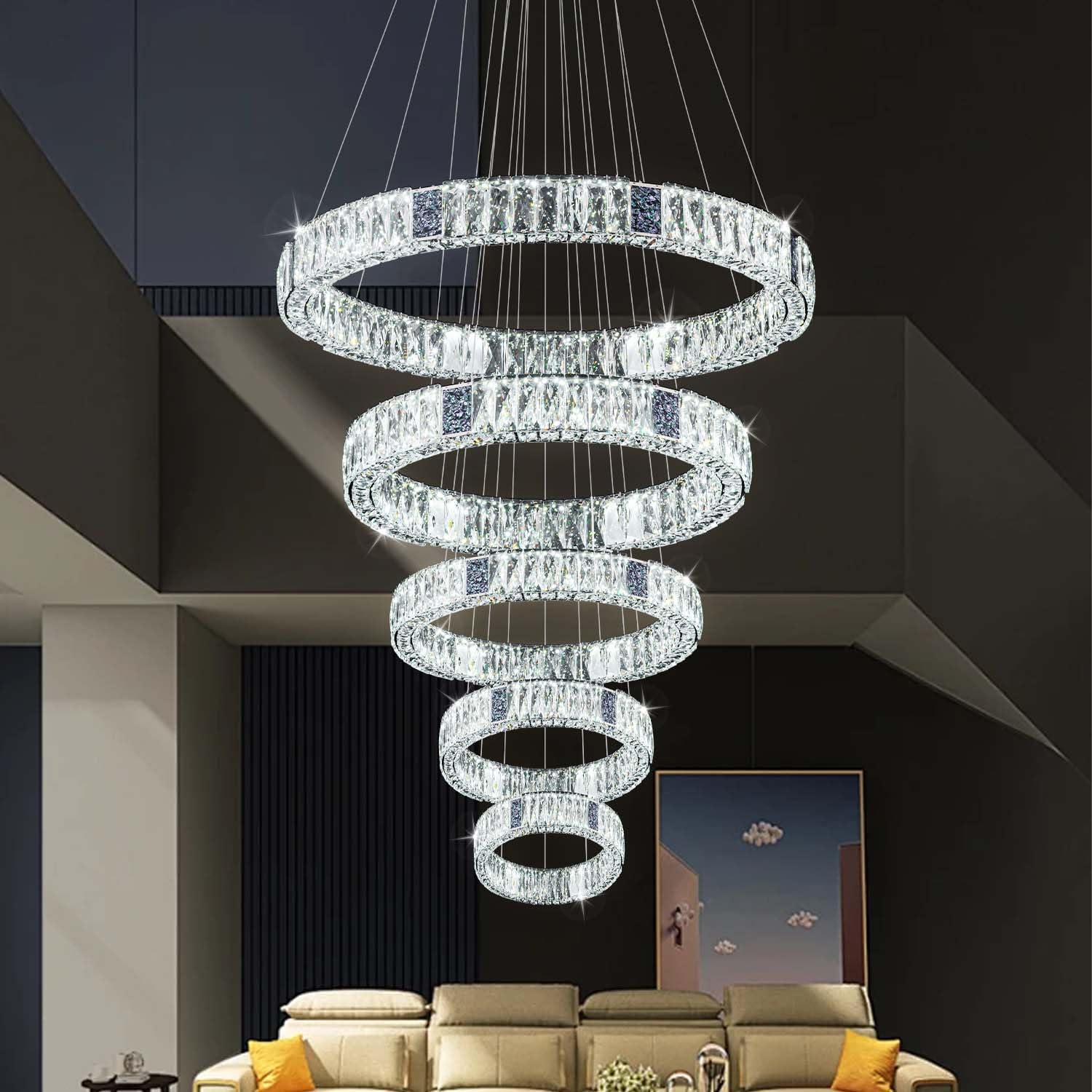 IDEQUY Large 5 Ring Chandelier for High Ceiling Staircase,Modern LED ...