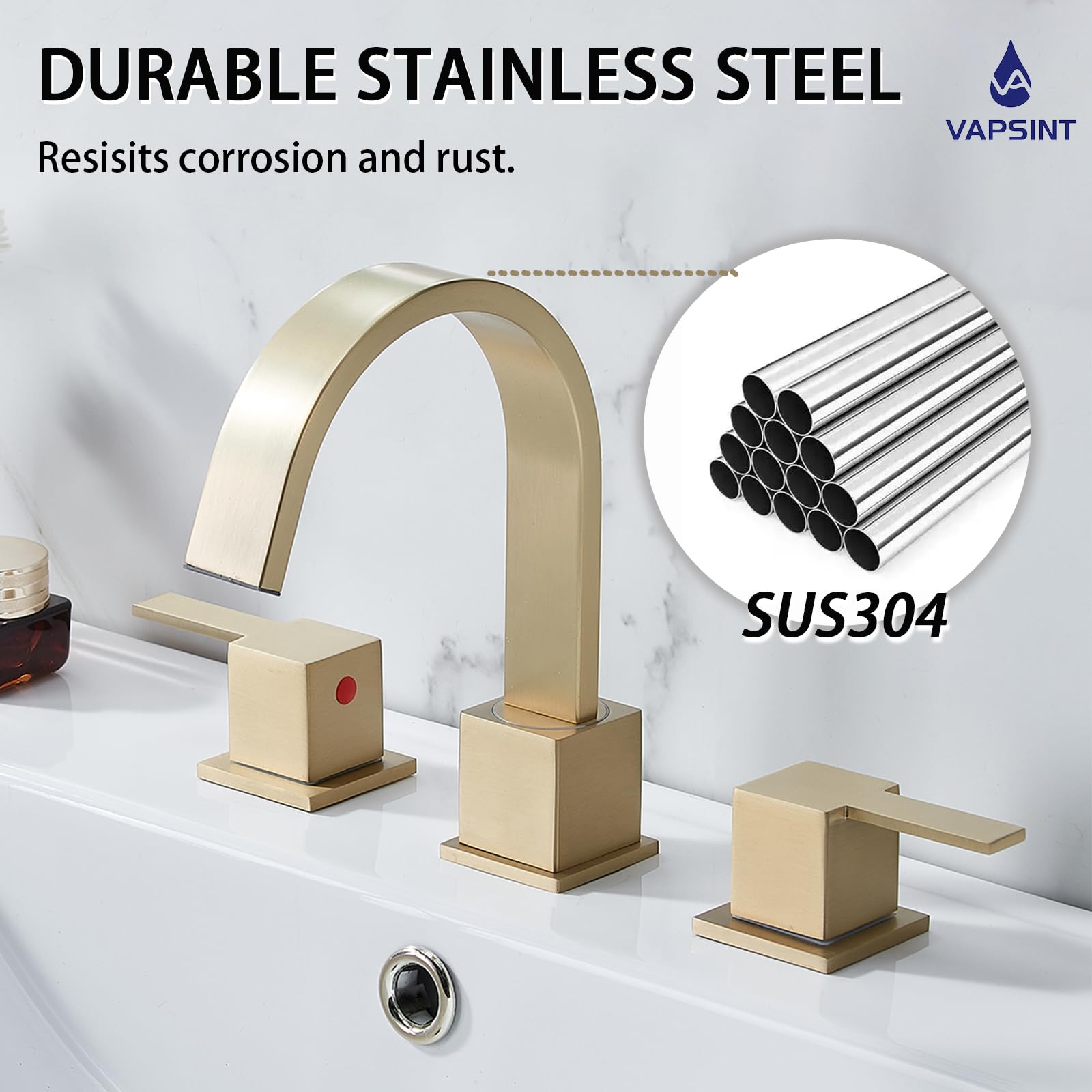 Snapklik.com : Brushed Gold Waterfall Bathroom Faucet 3 Hole, 8 Inch ...