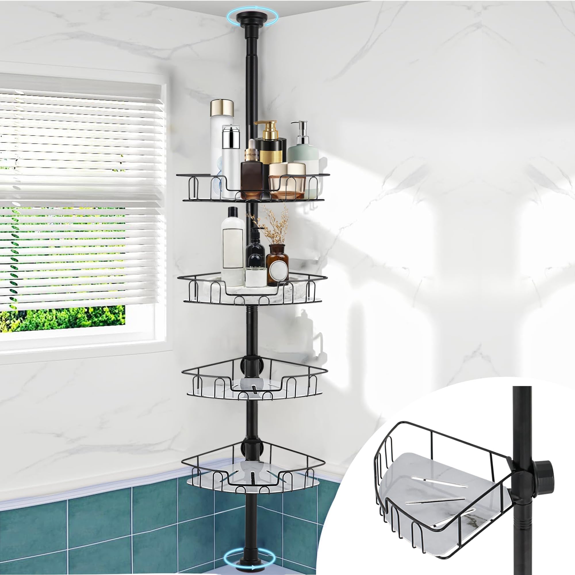Amazon.com: VIOREMOS Corner Shower Caddy Black Tension Pole Adjustable ...