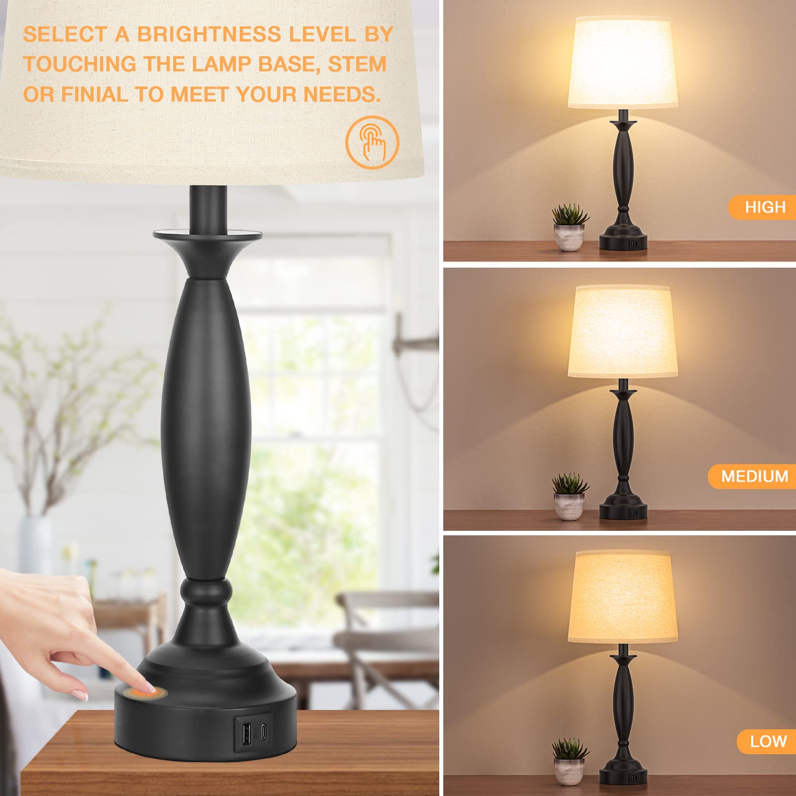 Beige Lamps for Bedrooms Set of 2 - Touch Control Bedside Lamp with USB ...