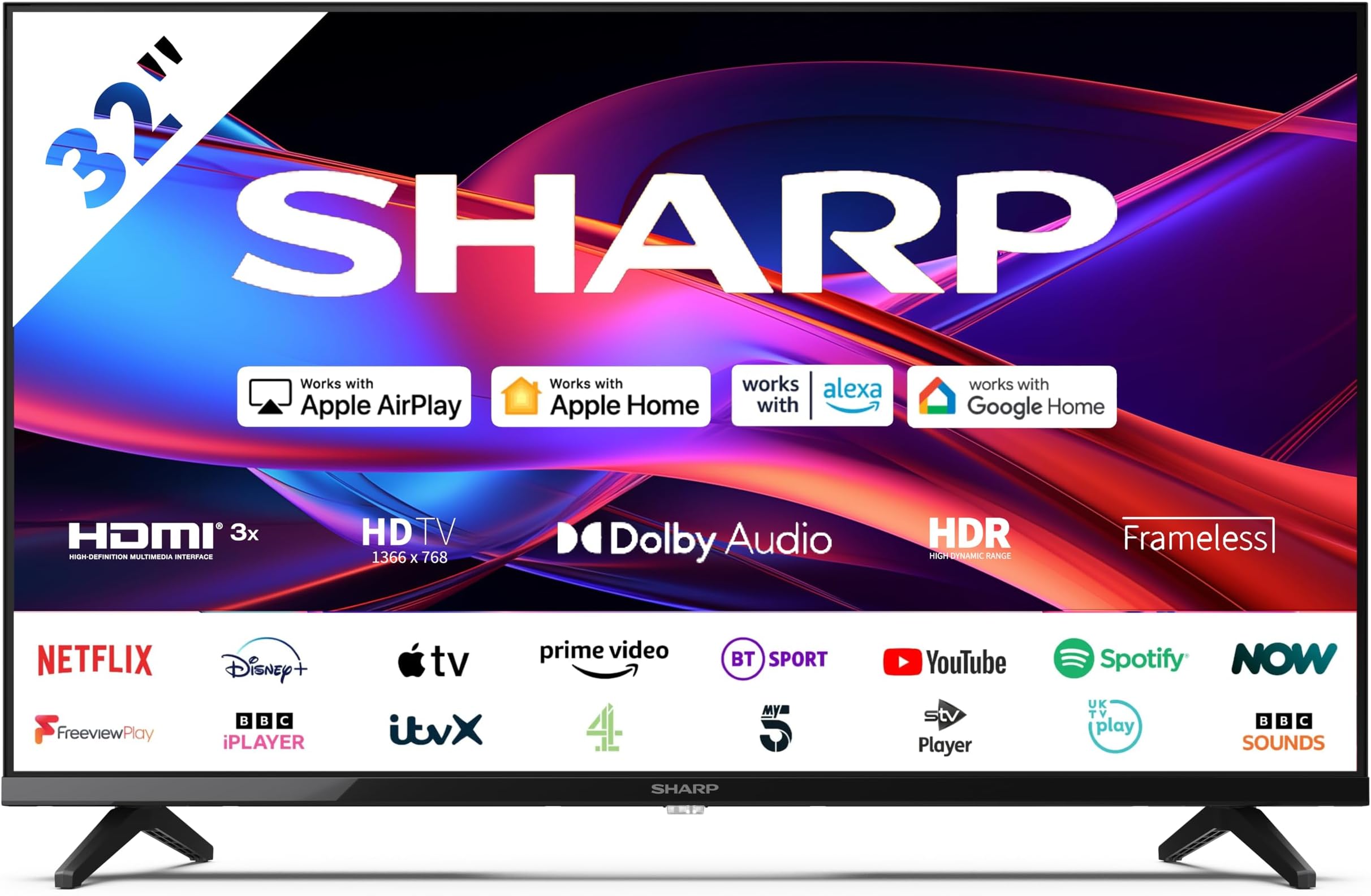 SHARP 32GD2K 32-Inch HD Ready Smart Frameless Roku TV™ in Black with ...