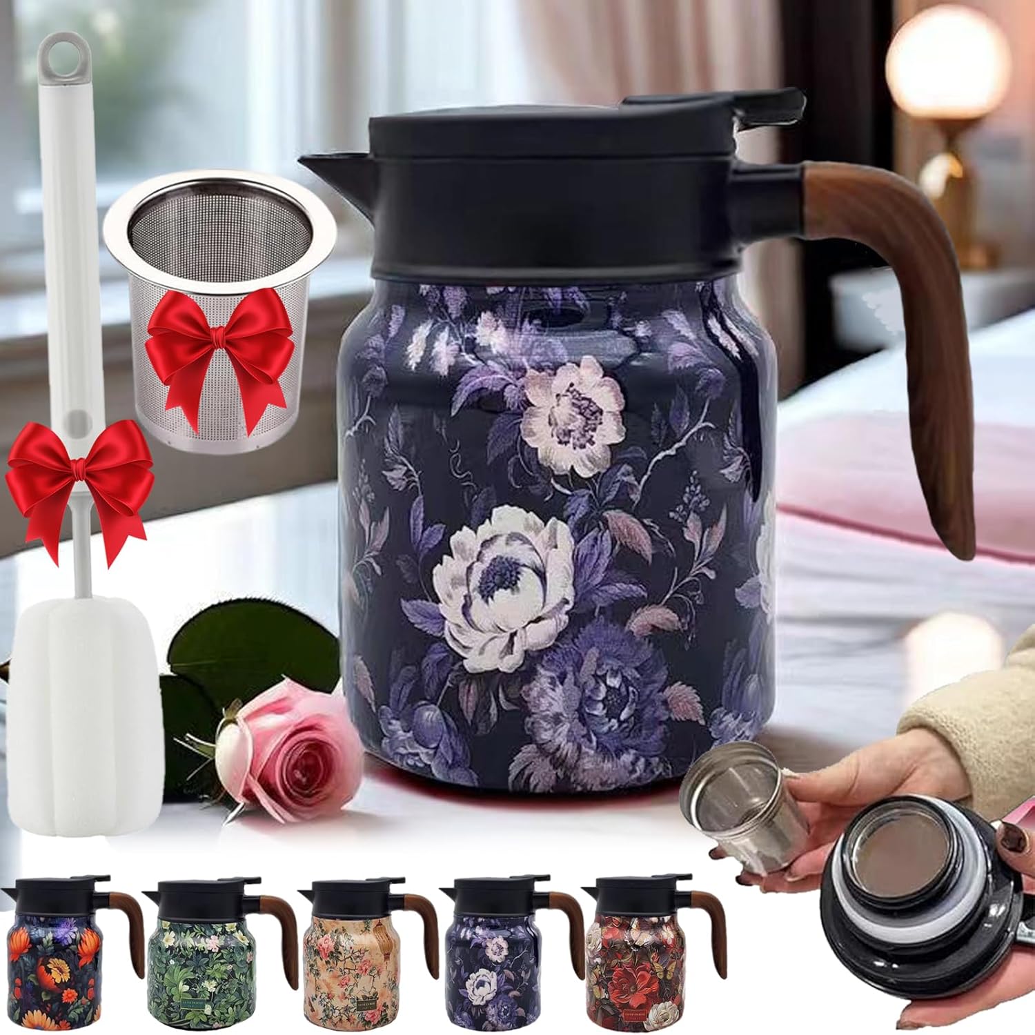 Amazon.com | Peshoriadm Teapot, Vintage Floral Pattern Tea Thermos – Built-In Infuser, Kelansu ...