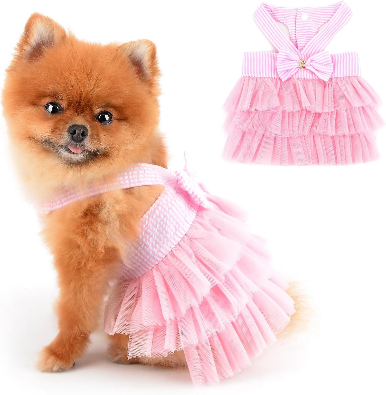 PAIDEFUL Small Dog Dress Striped Denim Organza Bow Beads Tutu Skirt ...