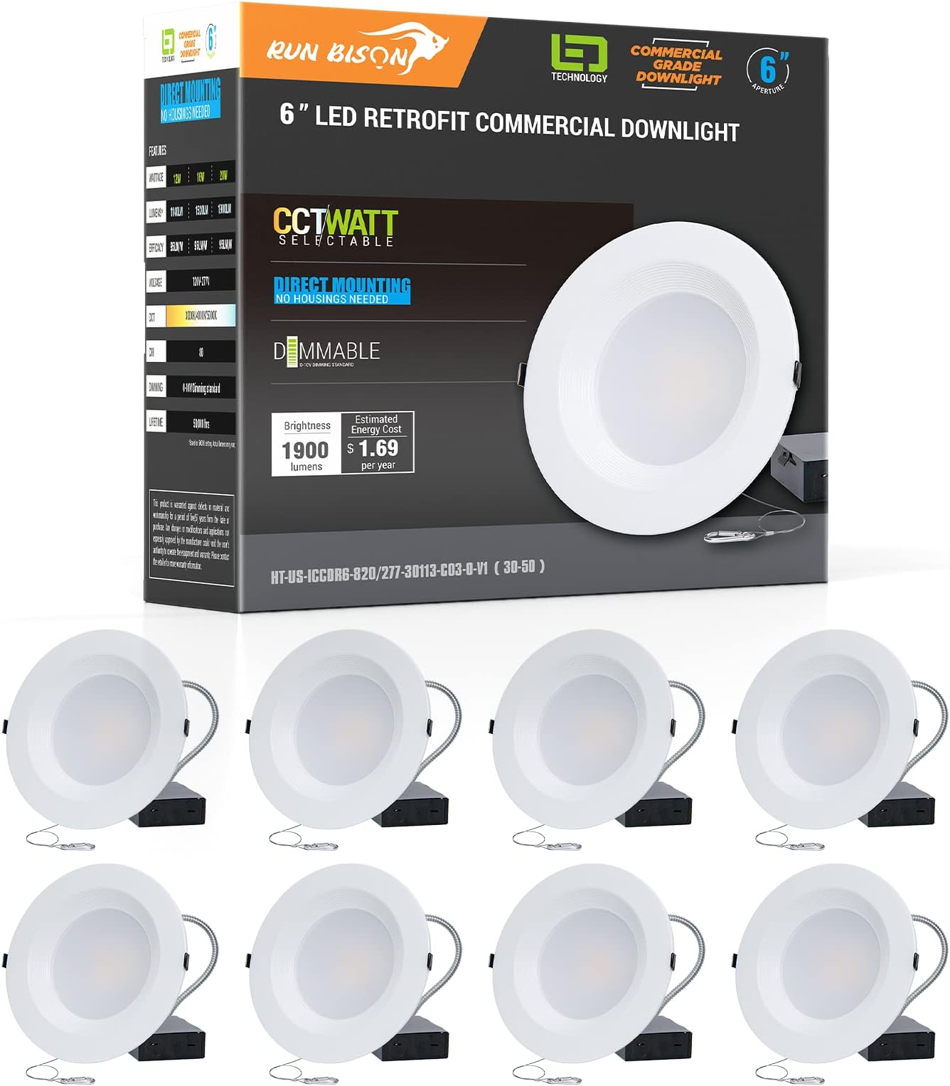 Run Bison 6 Inch 120-277V Recessed LED Commercial Downlight with J-Box ...