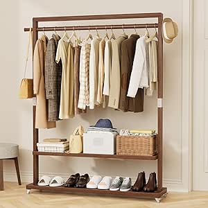 Amazon.com: Wamhom Solid Wood Clothes Rack with Wheels | 3-in-1 ...