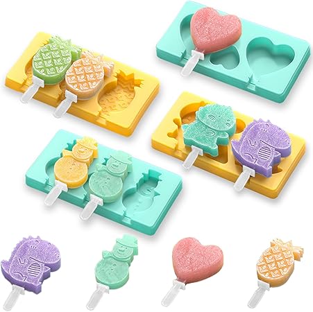 Kids Cartoon Popsicle Molds - 4 Pack, 10-Cavity Food-Grade Silicone Ice ...