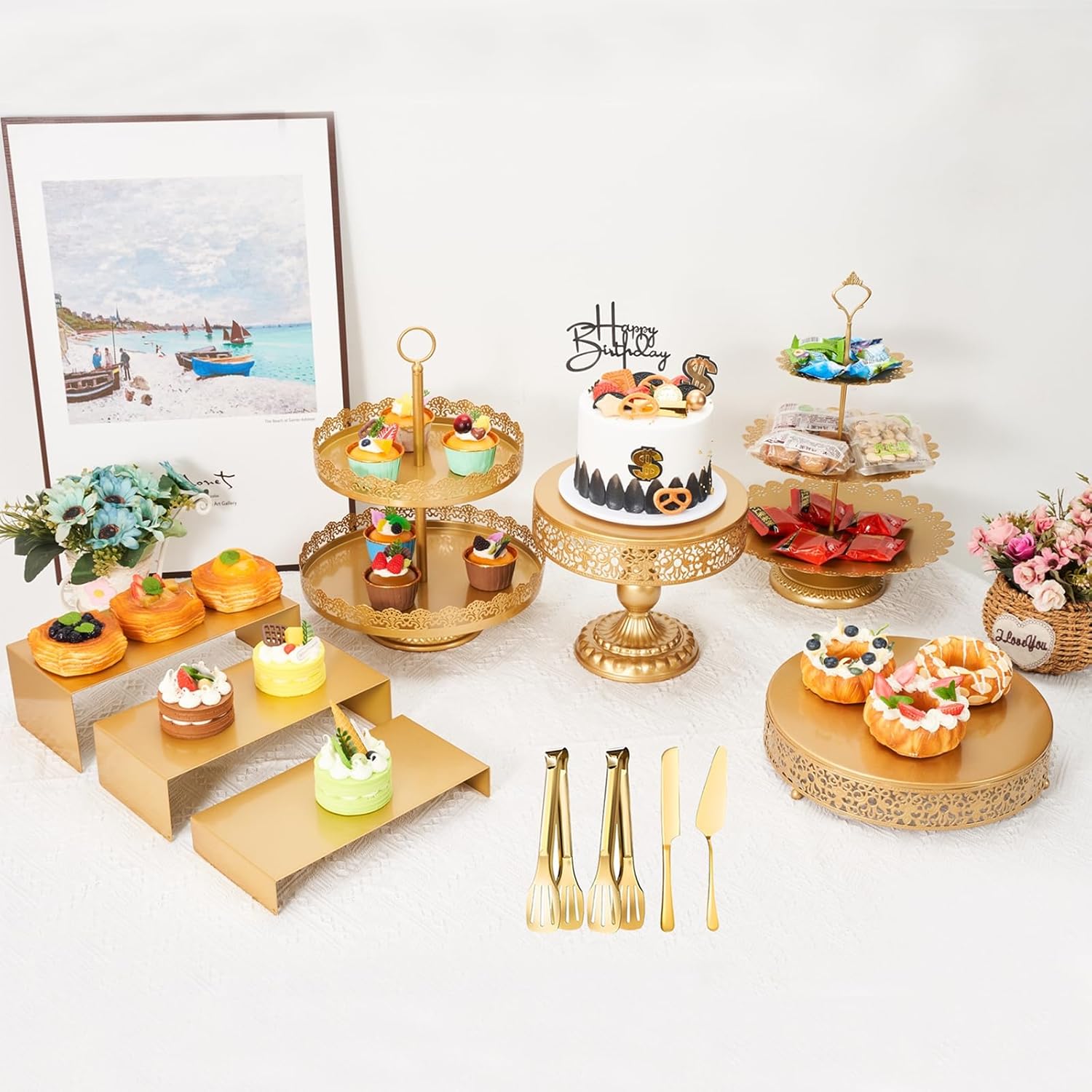 Amazon.com: MTJYQTF Gold Cake Stand Set - 11pcs Metal Dessert Table ...