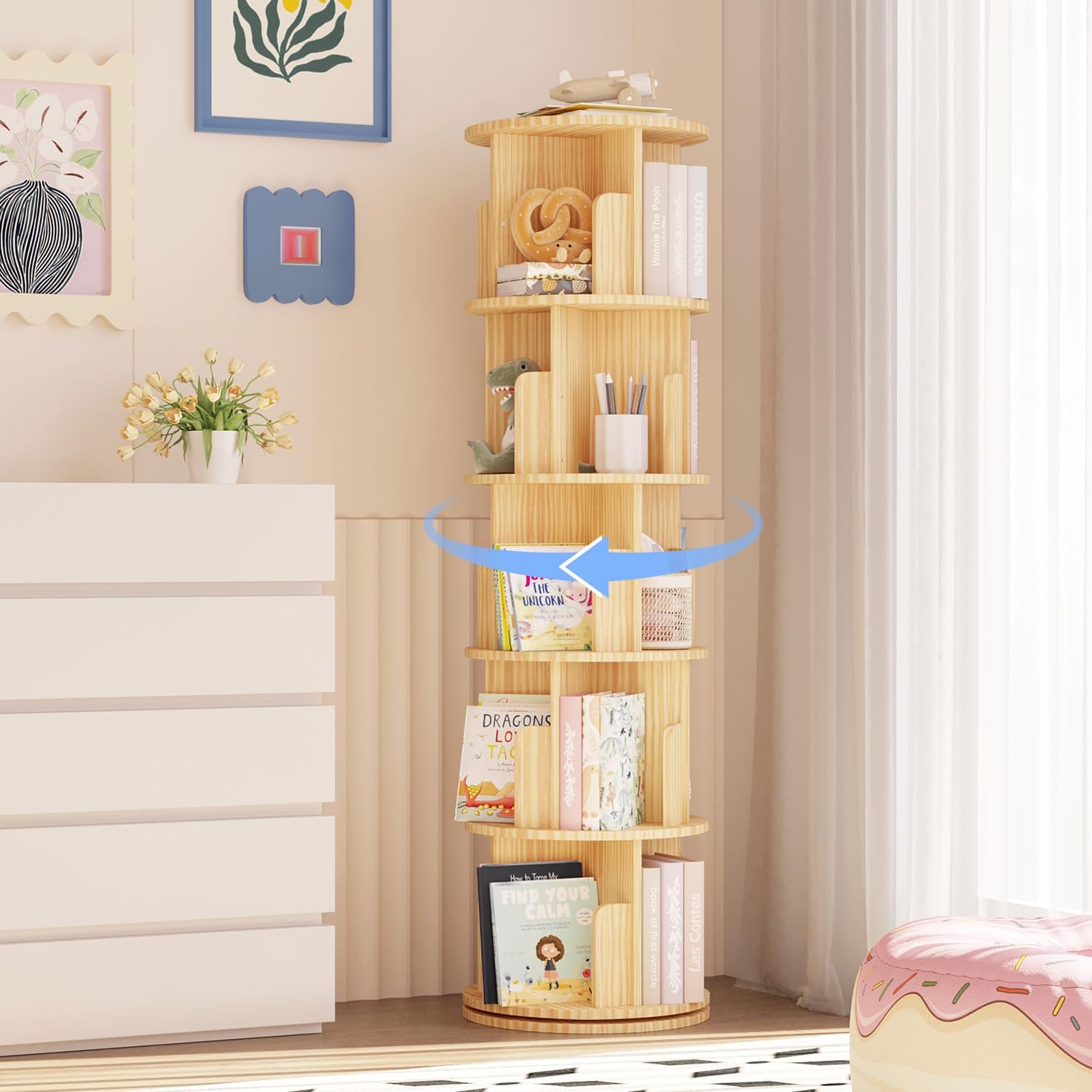 Amazon.com: oneinmil Rotating Bookshelf, Solid Wood Bookshelf, 360 ...