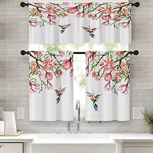Amazon.com: Tayney Flower Bird Kitchen Window Curtains Valance and Tier Set 36 Inch, Spring ...