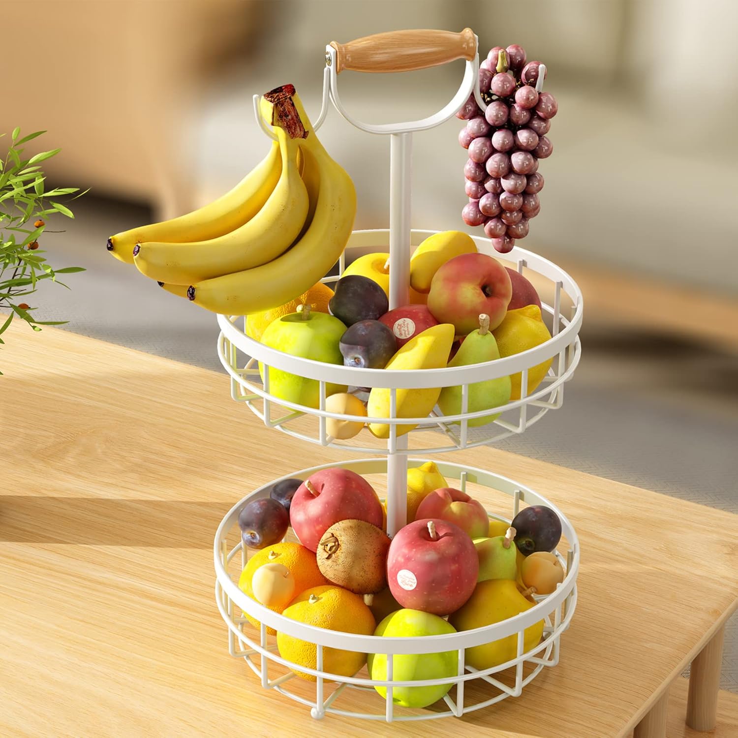 SAYZH 2-Tier Fruit Basket Bowl Vegetable Storage with Dual Banana Tree ...