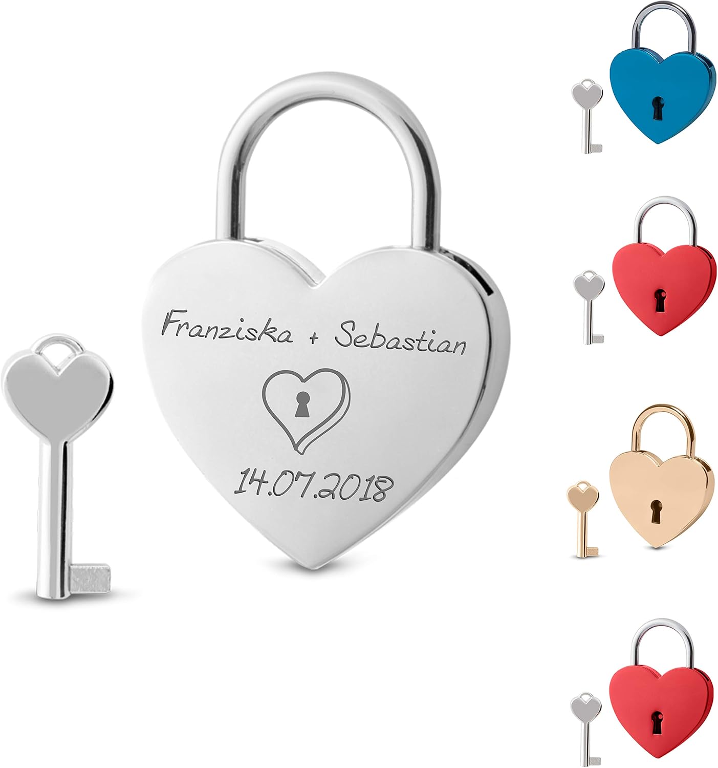 Candado de corazón con grabado y llave, plata brillante, candado del ...