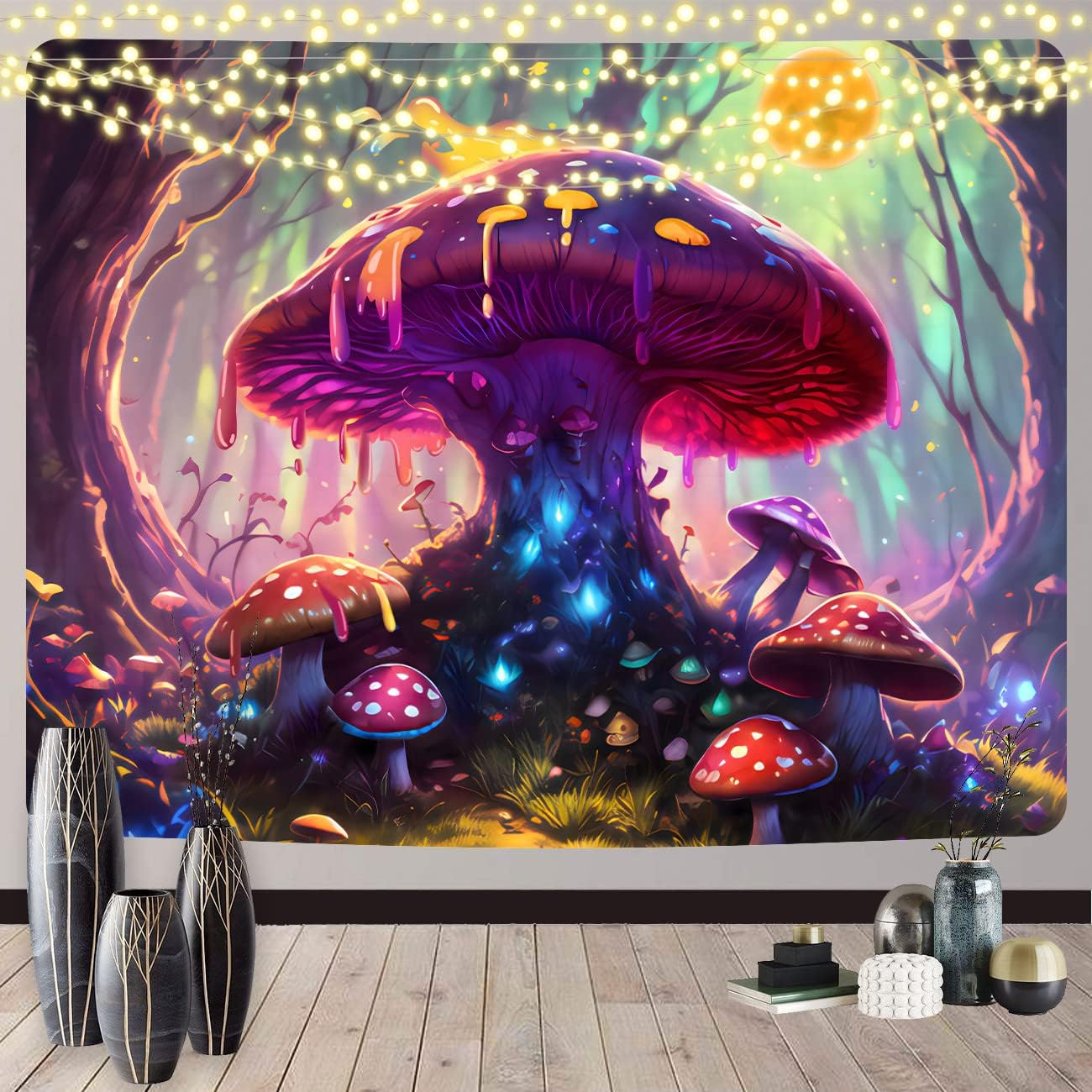 Amazon.com: LZBXBXDA Blacklight Mushroom Tapestry Red Mushroom Forest ...