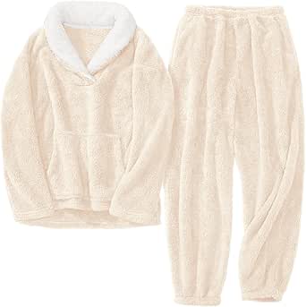 VXVGER Women's Fluffy Pajamas Set Winter Warm 2 Piece Plush Pullover ...