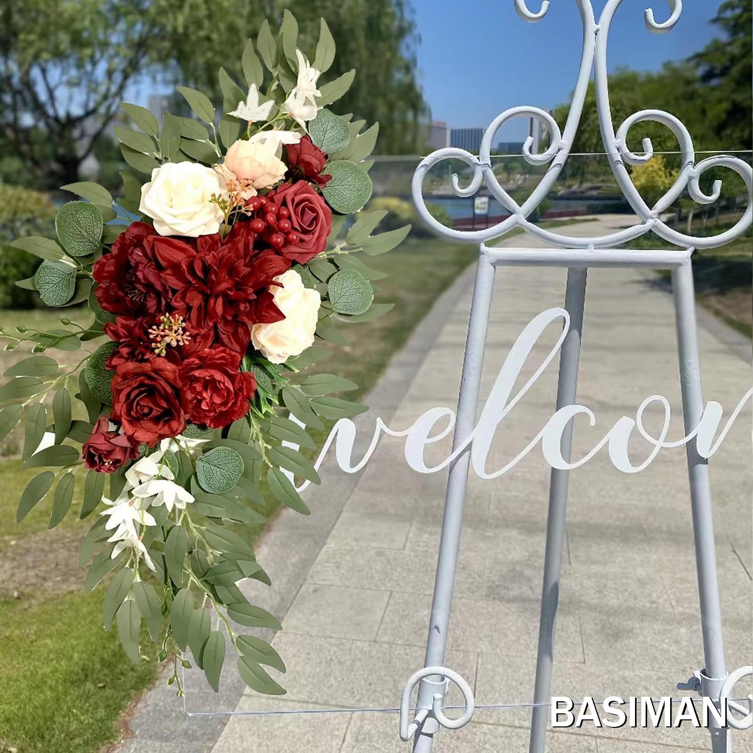 BASIMAN Artificial Flower Swag Set of 2 for Wedding Welcome Sign Floral ...