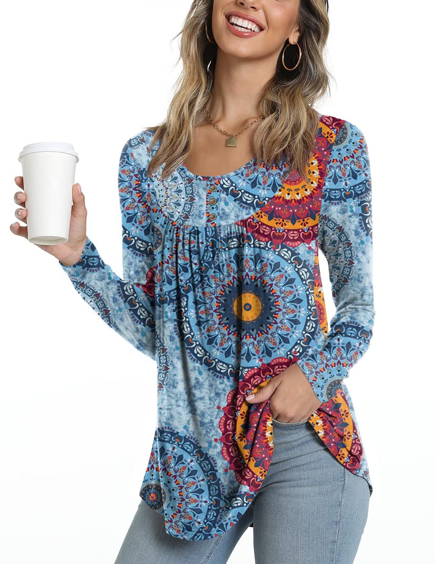 POPYOUNG Women's Casual Long Sleeve Tunic Tops Loose Fit Pleated Fall T ...