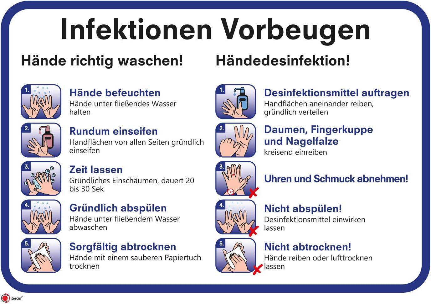 Anleitung zur Vorbeugung von Infektionen I 30 x 20 cm I Hinweis-Schild ...