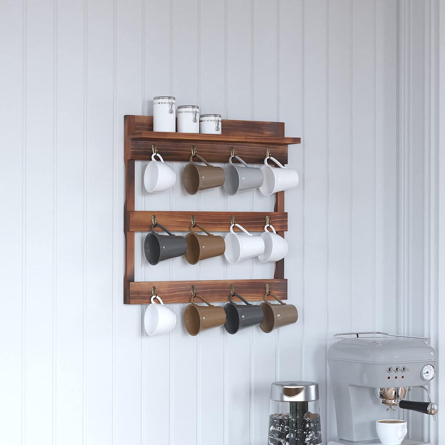Amazon.com: Merrick Lane Steeley Wooden Wall Mount Mug Rack - Rustic ...