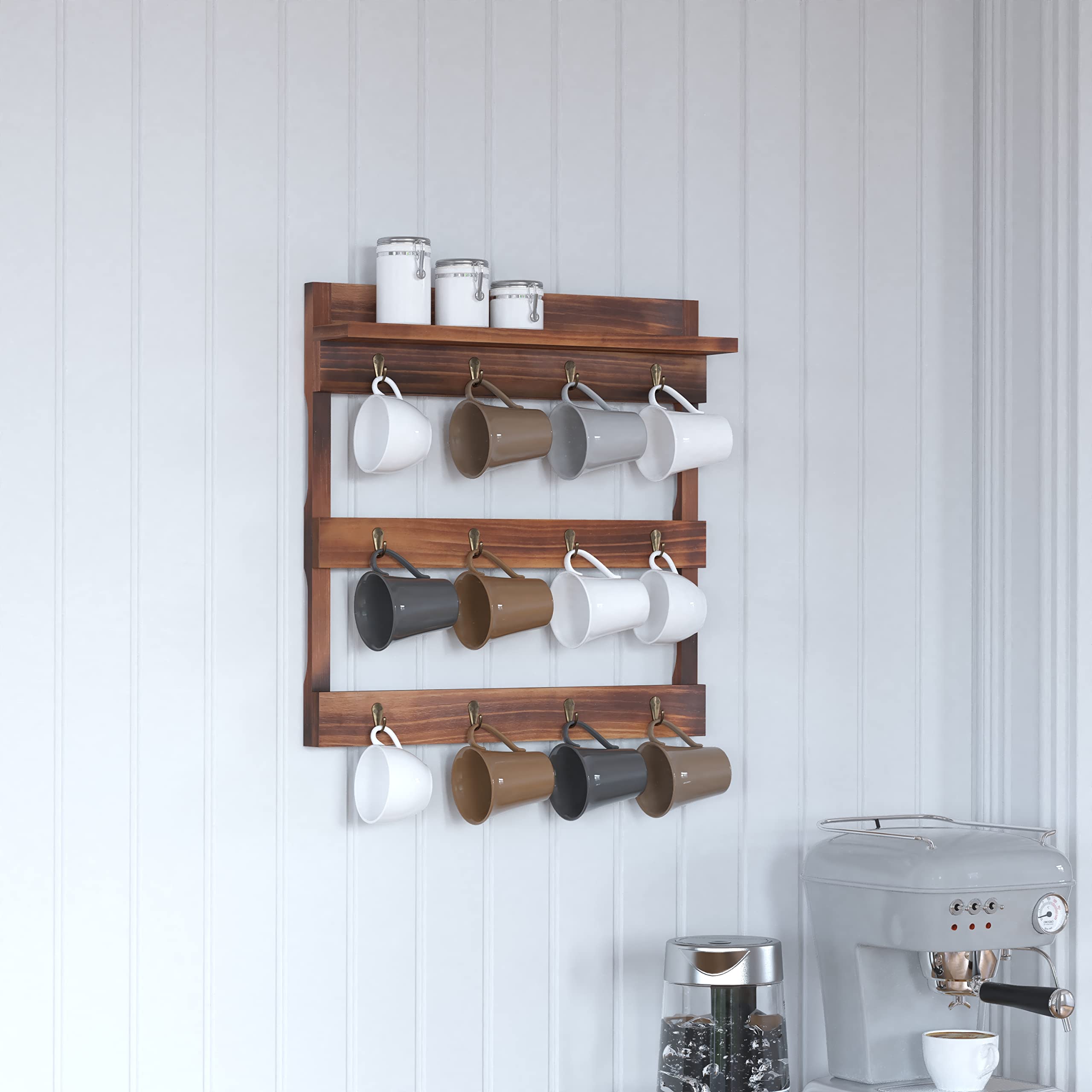 Amazon.com: Merrick Lane Steeley Wooden Wall Mount Mug Rack - Rustic ...