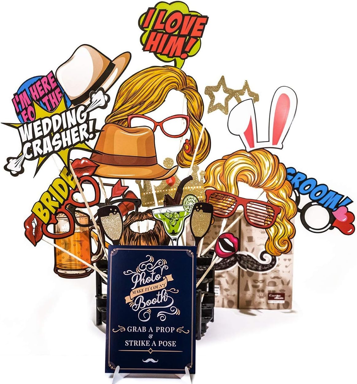 Amazon.com: Wedding Photo Booth Props Kit - 38 Pieces with Wooden ...