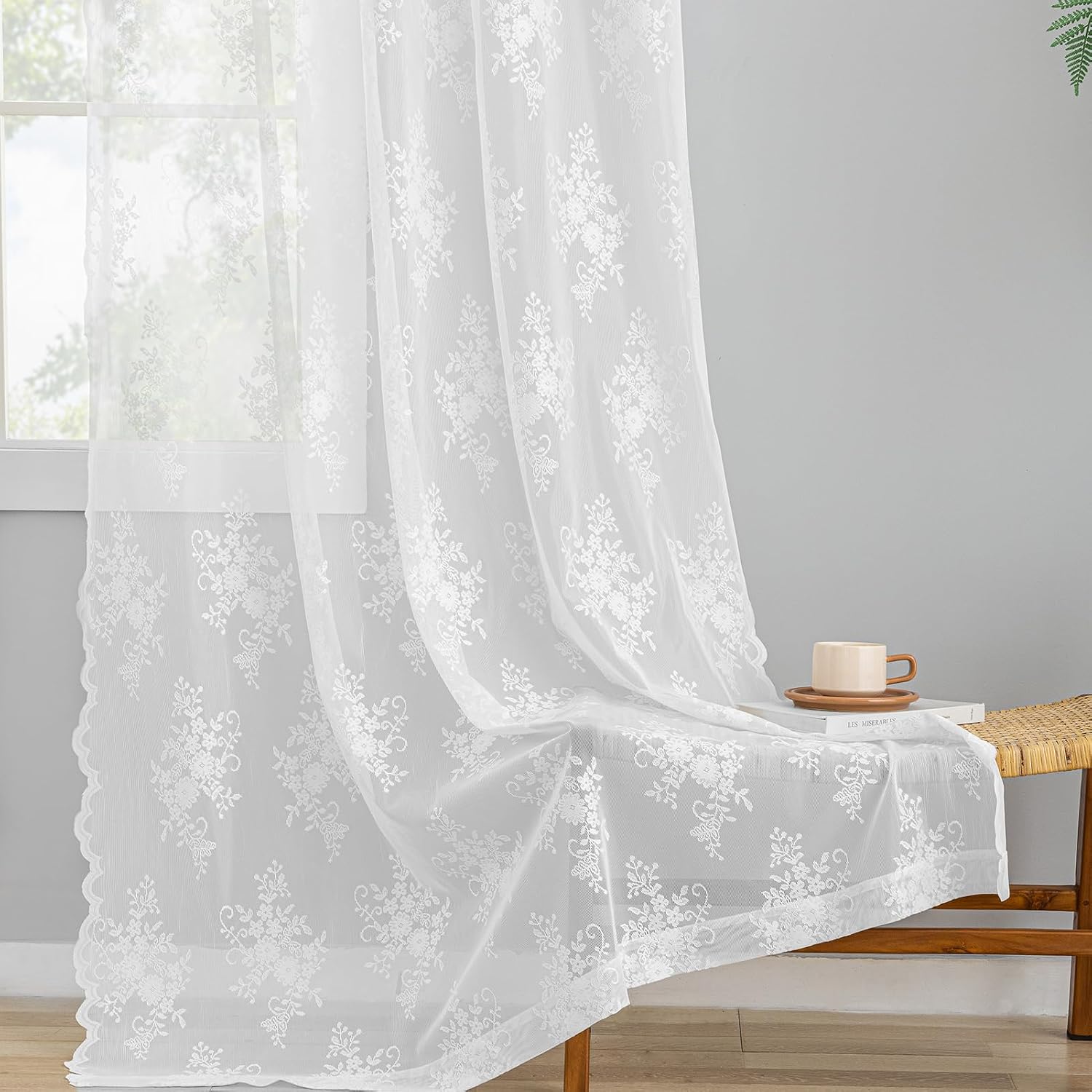 Amazon.com: FINECITY White Sheer Lace Curtains 63 Inch Length 2 Panels ...