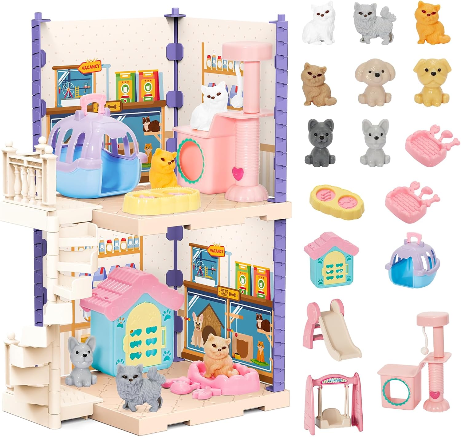 Amazon.com: deAO Pet Pretend Playset Toys for Kids,36 Pcs Cat and Dog ...