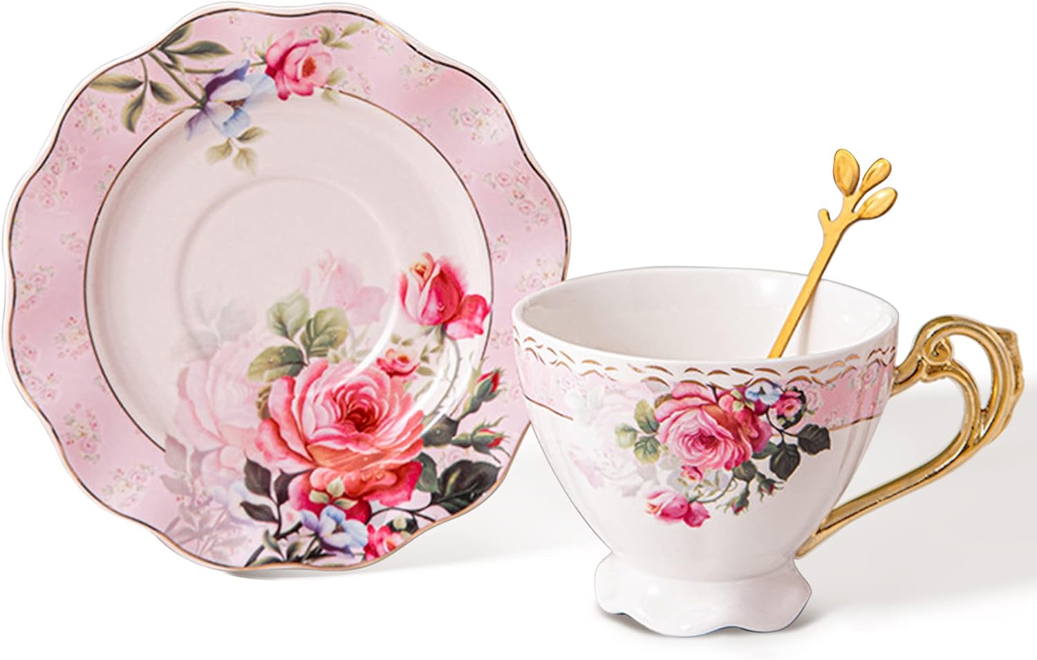 Amazon.com | fanquare Pink Ceramic Tea Cup with Saucer, Porcelain ...