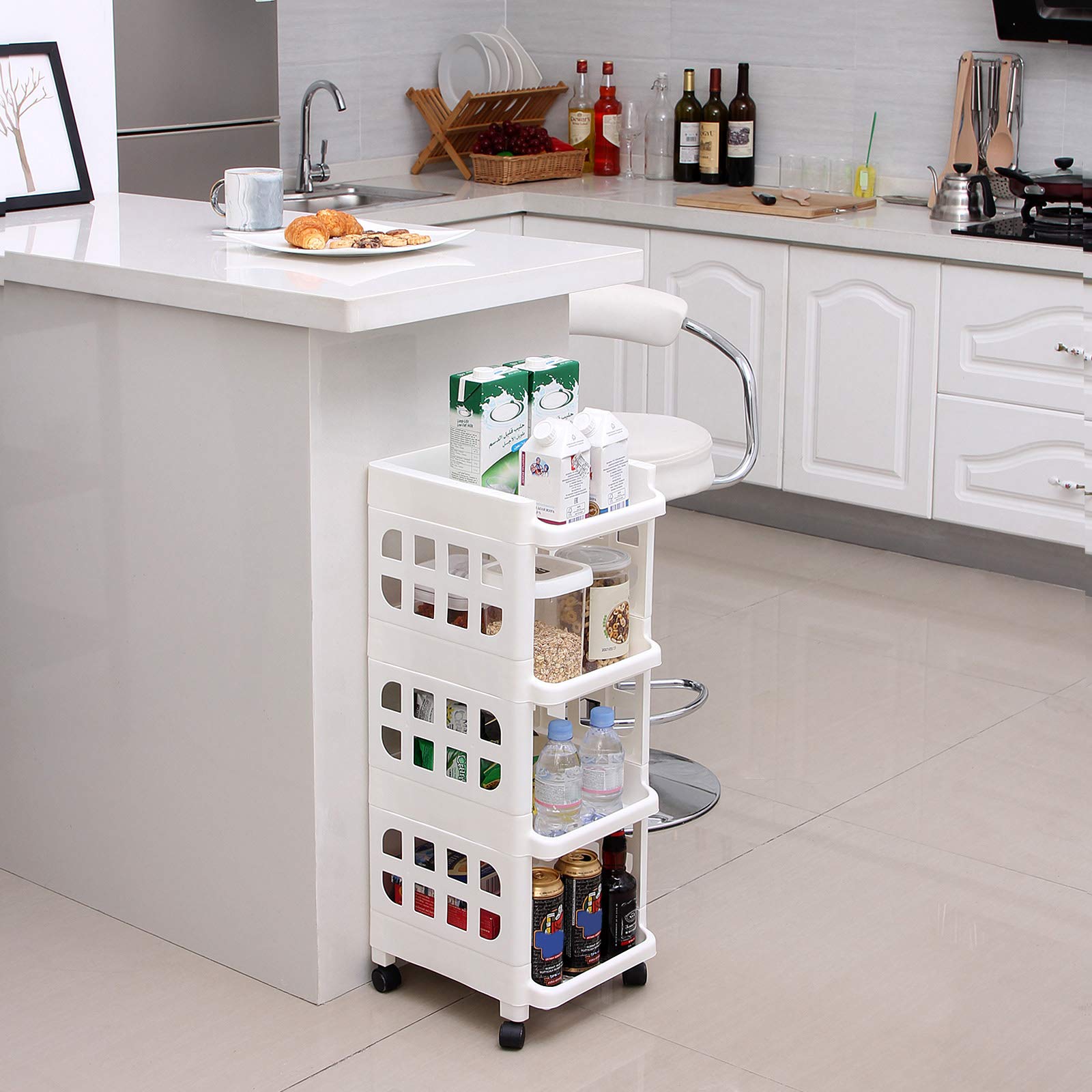SONGMICS 4 Tier Plastic Rolling Cart PP Storage Trolley with Castors ...