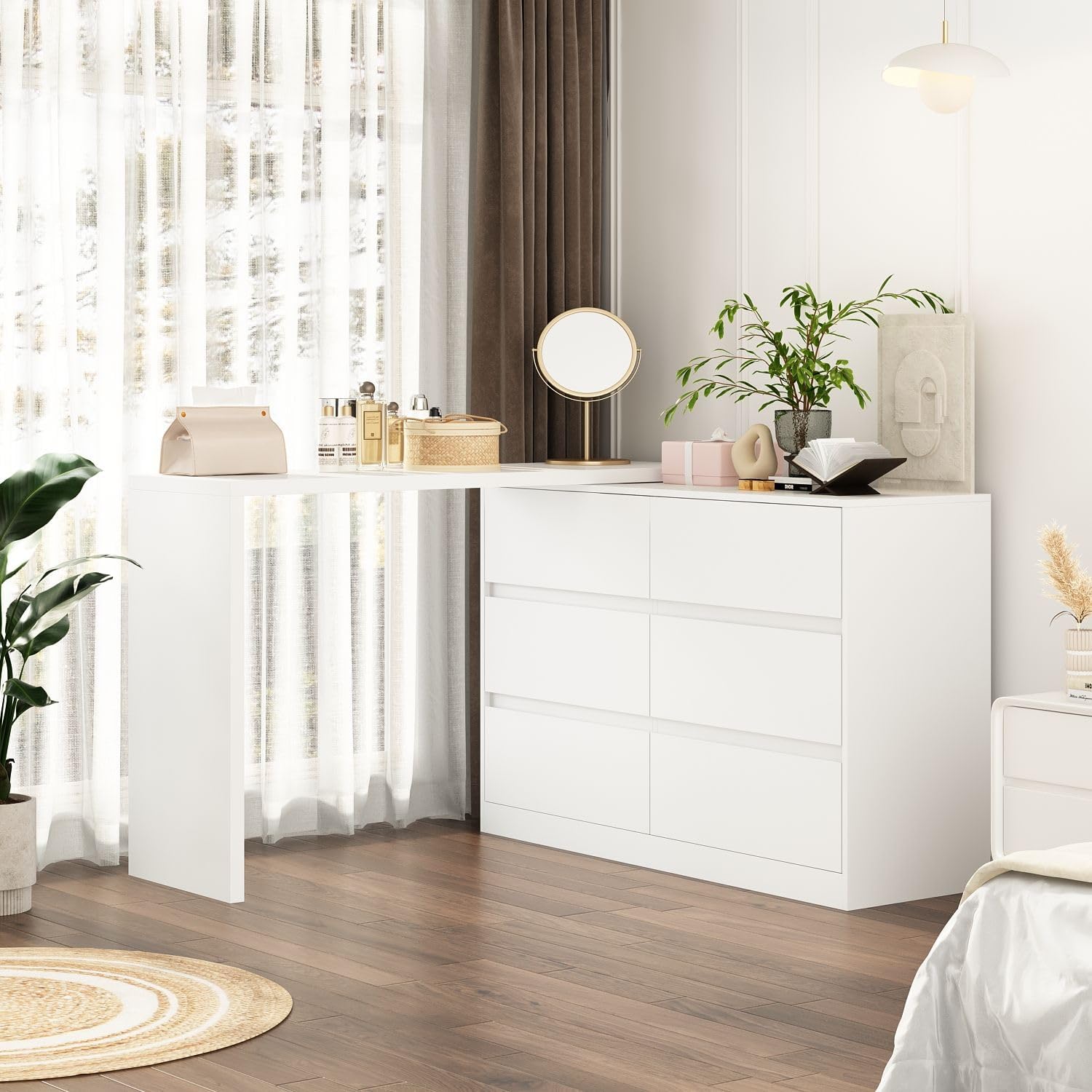 Amazon.com: TAMUNE L-Shaped Dressing Table with 6 Drawers, Extendable ...