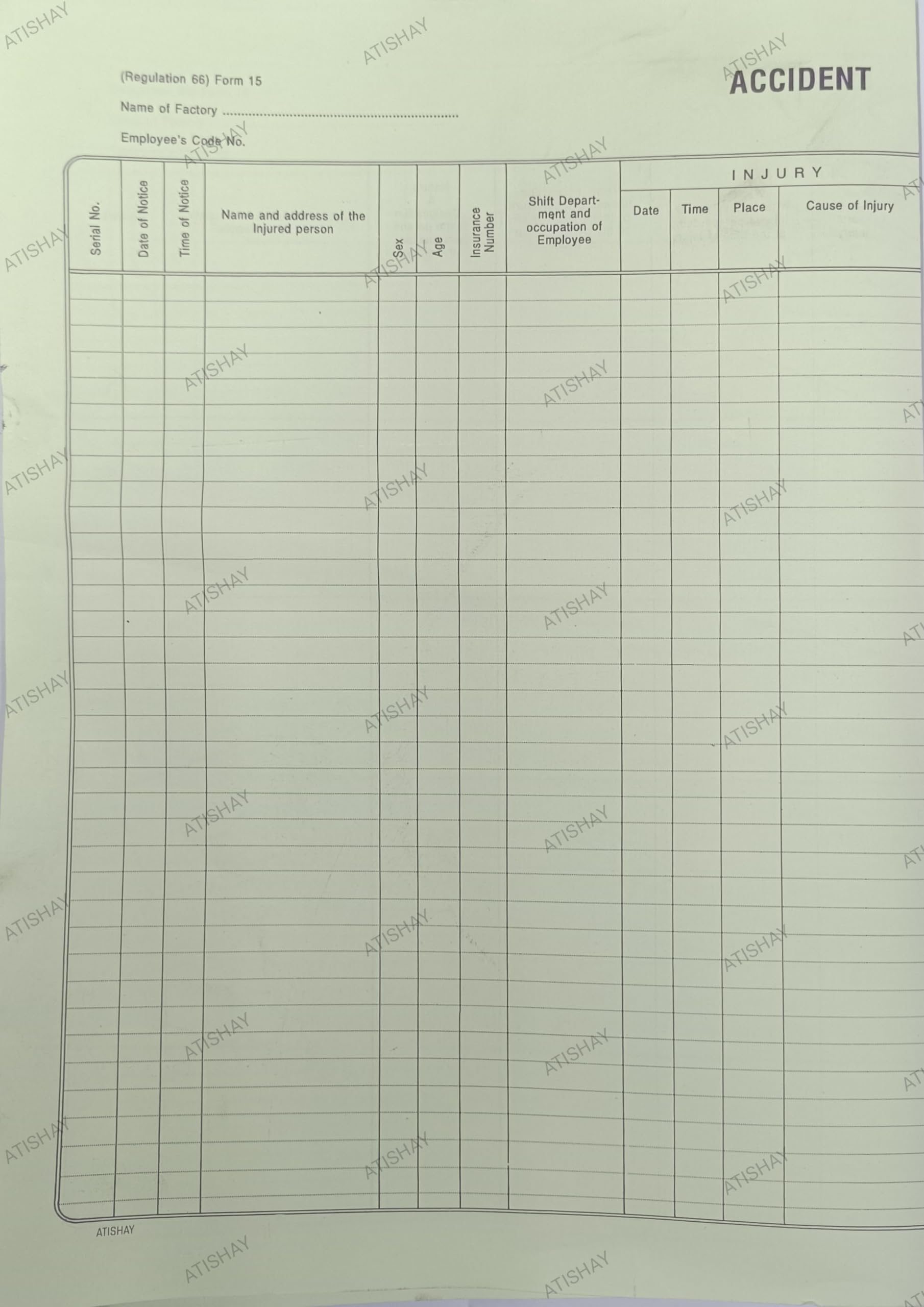 Atishay (Regulation 66) Form 15, Accident Book Register - Big Size ...