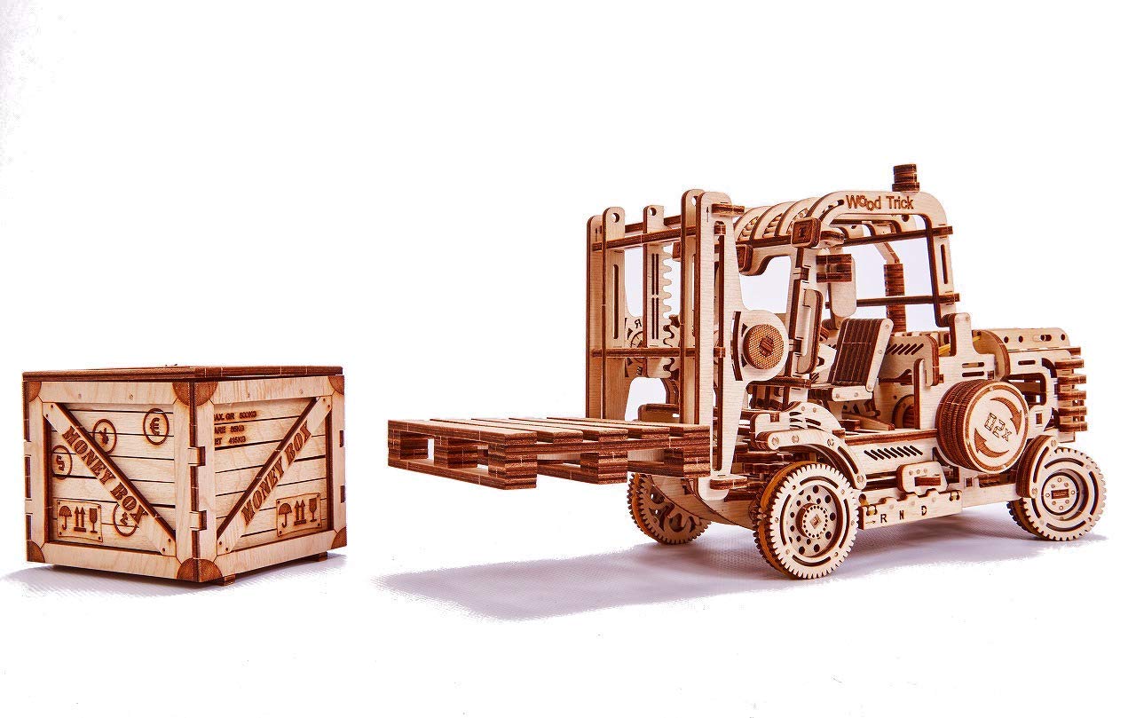 Wood Trick Forklift Toy Set + Money Box, Forklift Truck with Pallet ...