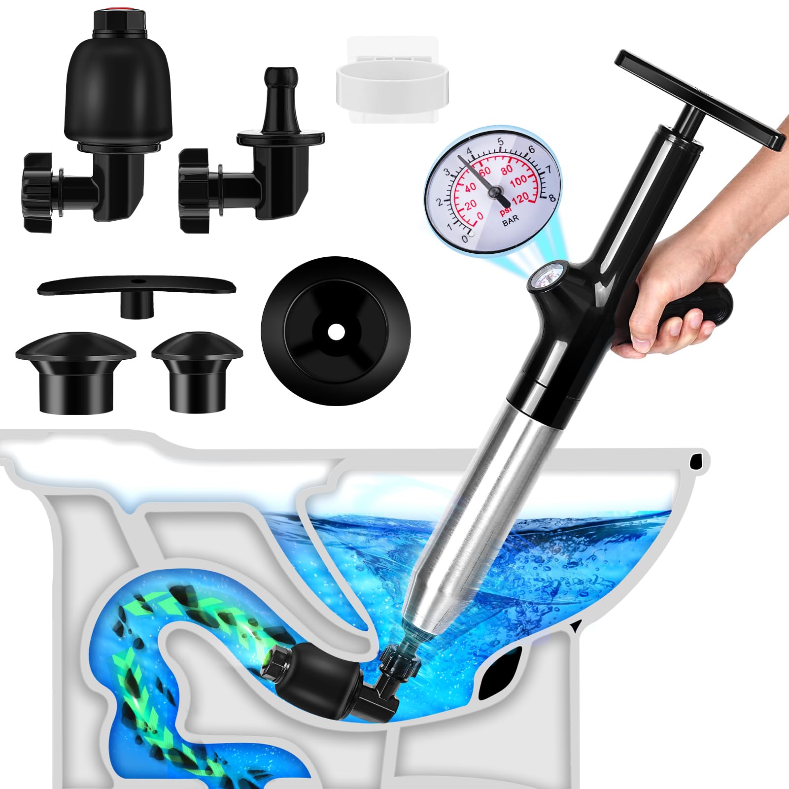 LINGSFIRE Toilet Plunger, 9 in 1 Drain Clog Remover Tools High Pressure ...