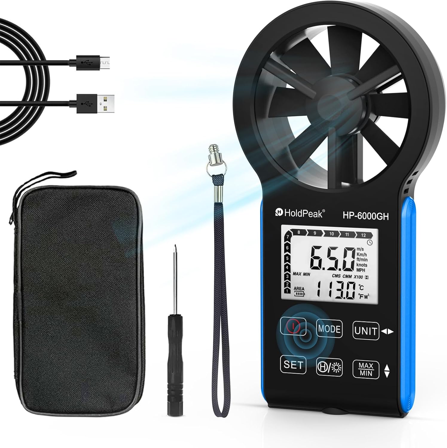 Amazon.com : HoldPeak Handheld Anemometer Waterproof, Touch Button ...